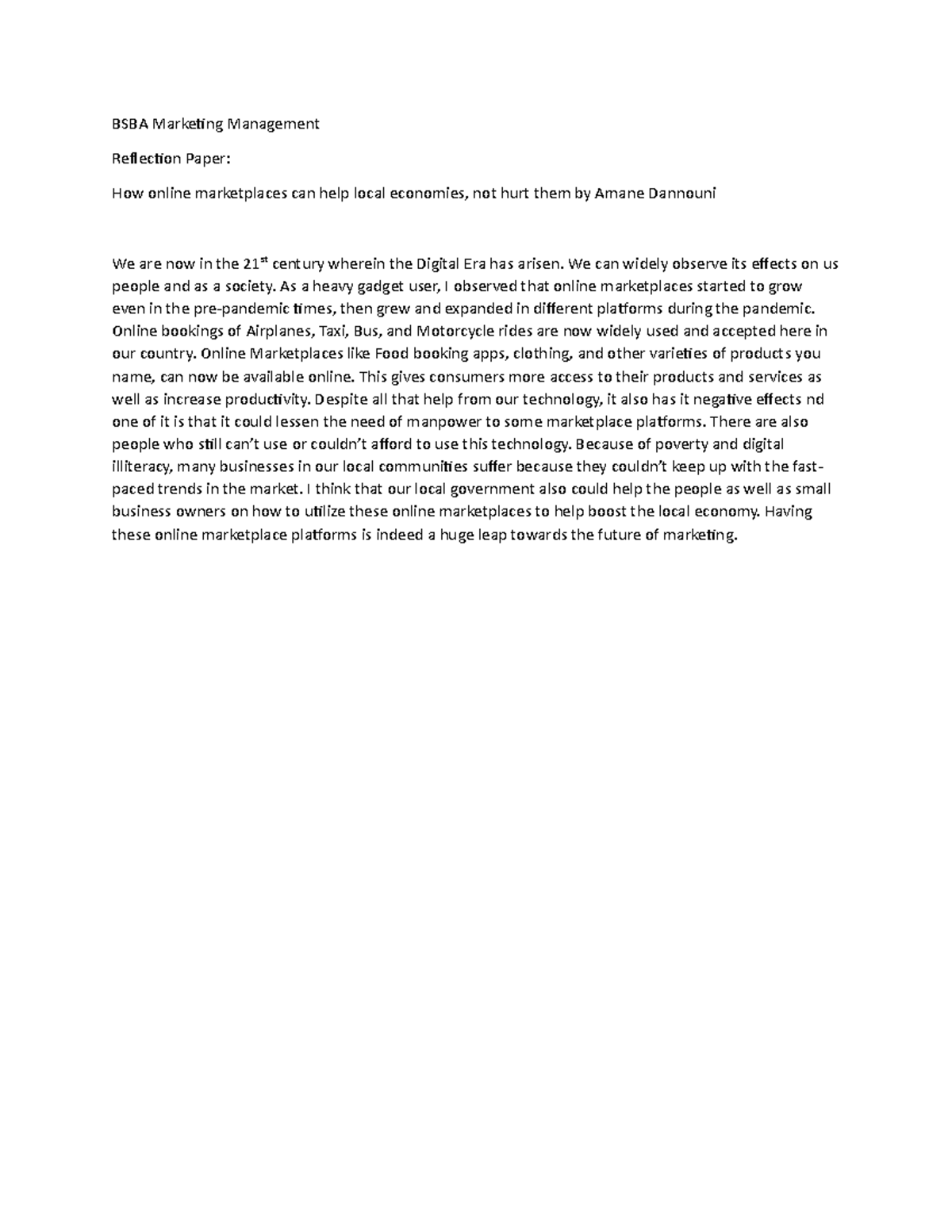 Reflection Paper - coursework - BSBA Marketing Management Reflection ...