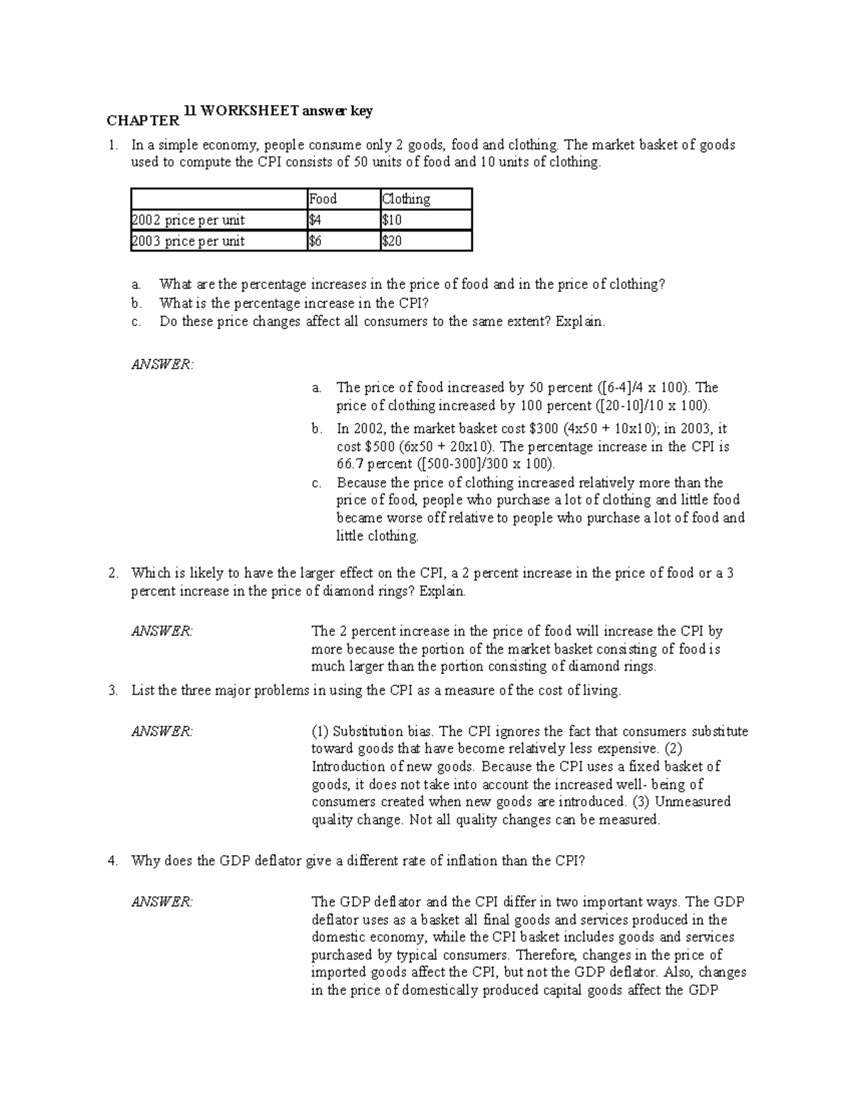 Measuring the cost of living - CHAPTER 11 WORKSHEET answer key In a ...