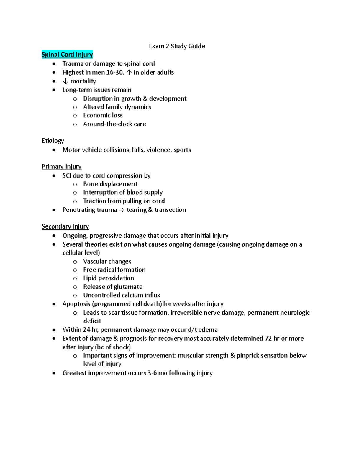 Exam 2 Study Guide - Exam 2 Notes - Exam 2 Study Guide Spinal Cord ...