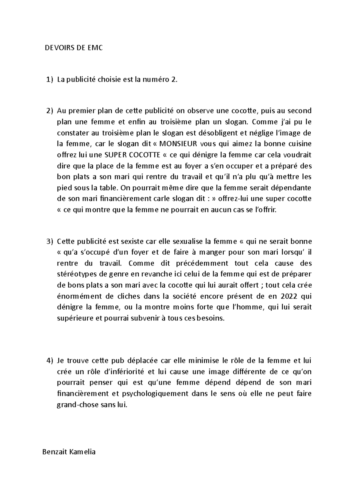 Devoirs DE EMC - DISSERTATIONS DEMC - DEVOIRS DE EMC La publicité choisie est la numéro 2. Au ...