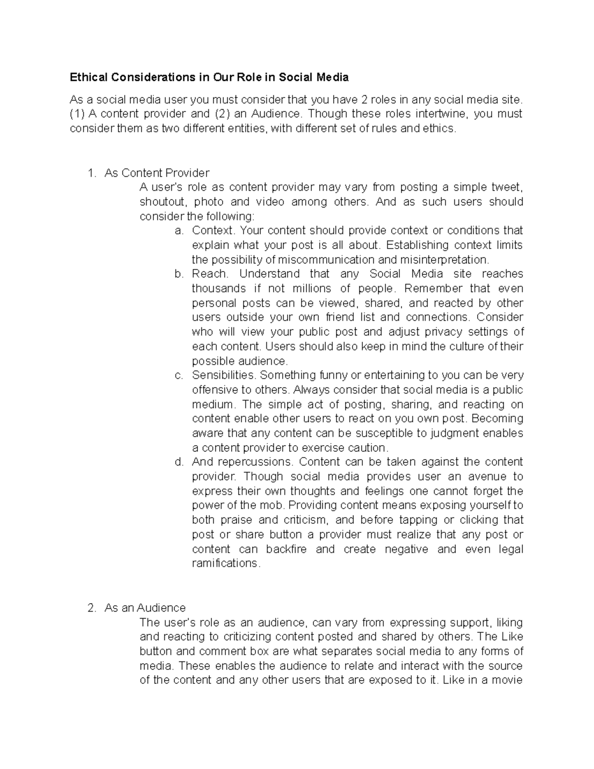 Ethical Considerations in Our Role in Social Media - (1) A content ...