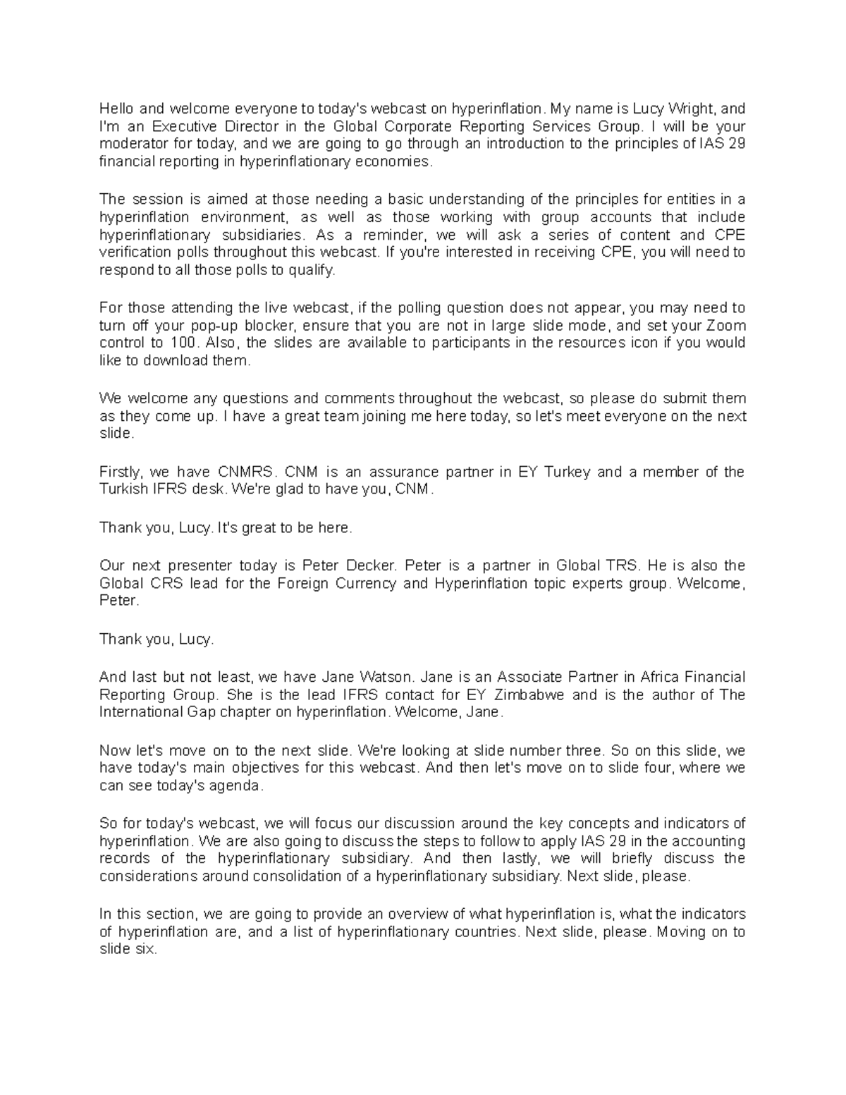 EY Hyperinflationary Script - Hello and welcome everyone to today's ...