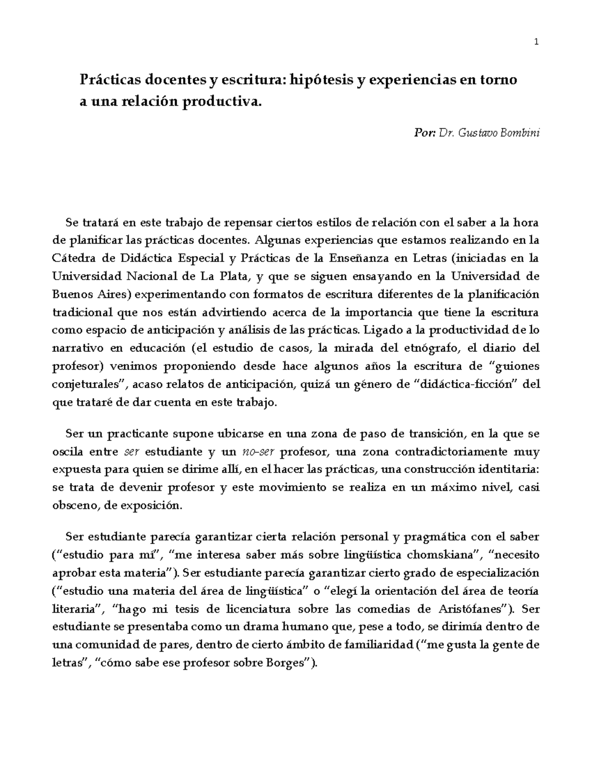 Practicas docentes y escritura hipotesis- Bombini - Prácticas docentes ...