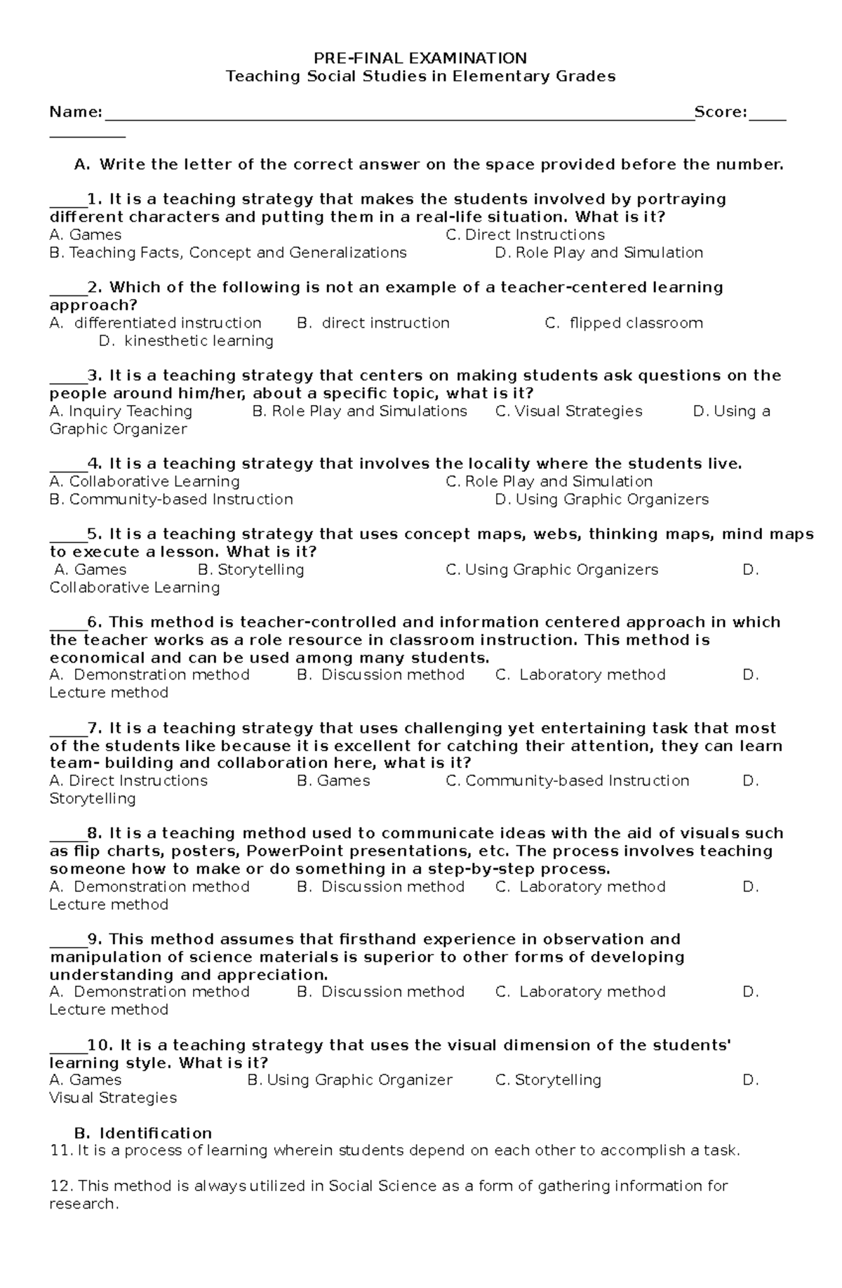 PRE- Final EXAM IN ECE 011 - PRE-FINAL EXAMINATION Teaching Social ...