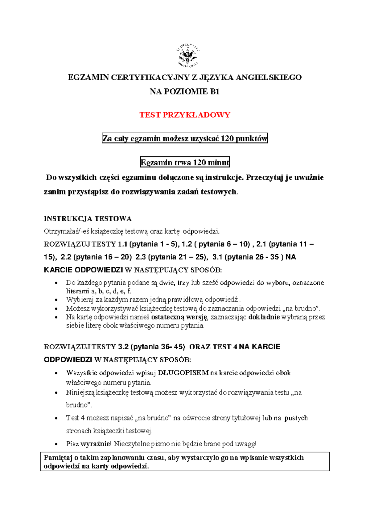 Angielski B 1 - Test B1 - EGZAMIN CERTYFIKACYJNY Z JĘZYKA ANGIELSKIEGO ...