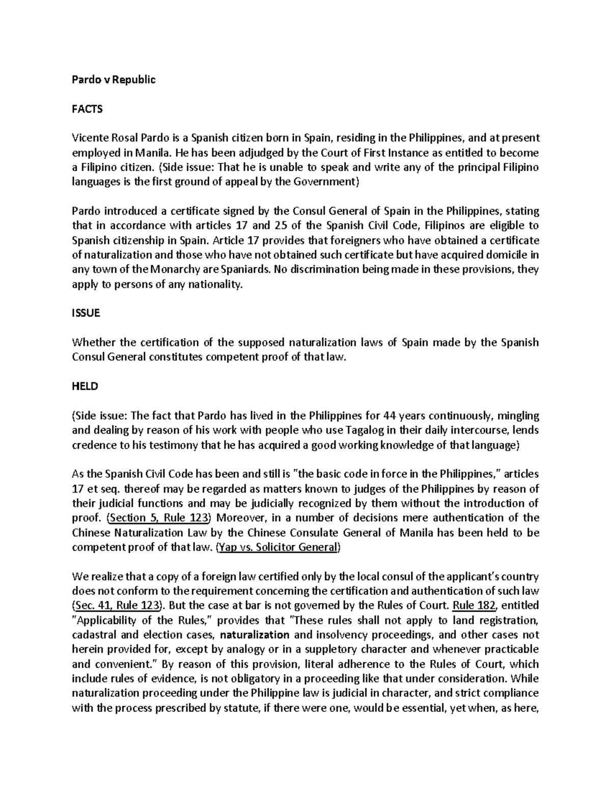 private international law - Pardo v Republic FACTS Vicente Rosal Pardo ...