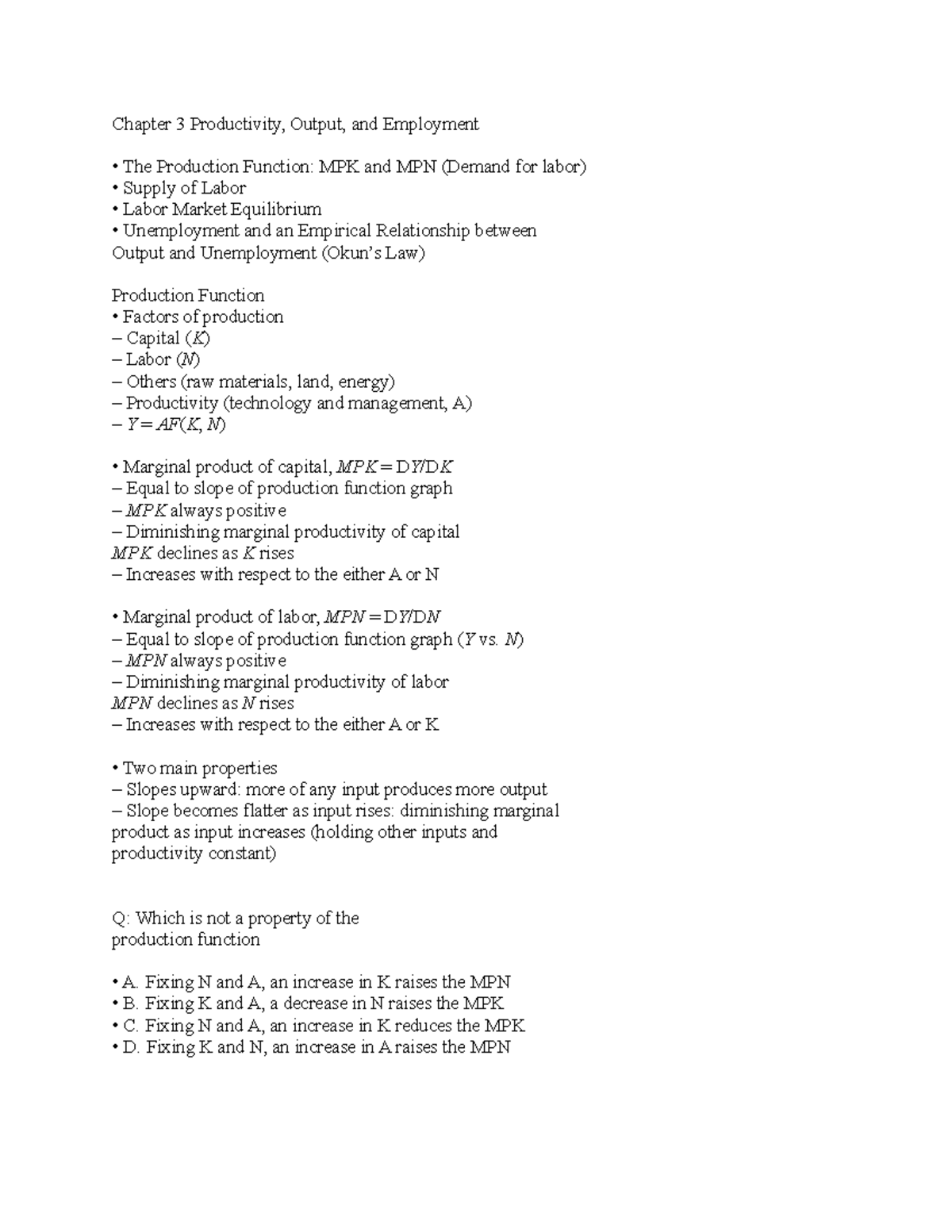 Chapter 3 Productivity Notes to Upload - Chapter 3 Productivity, Output ...