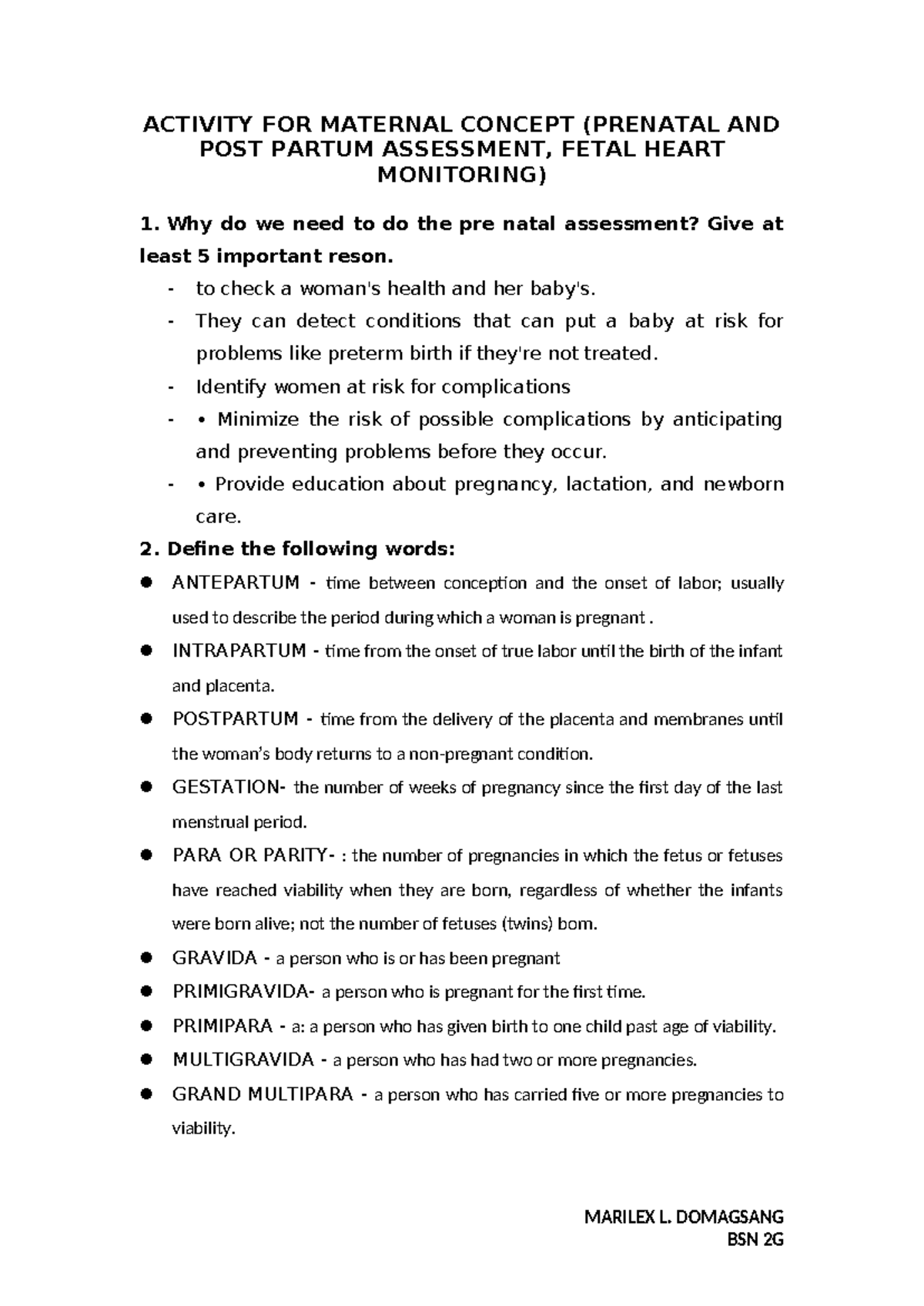 Activity-FOR- Maternal- Concept-PRE-POST- Partum- Assessment Domagsang ...