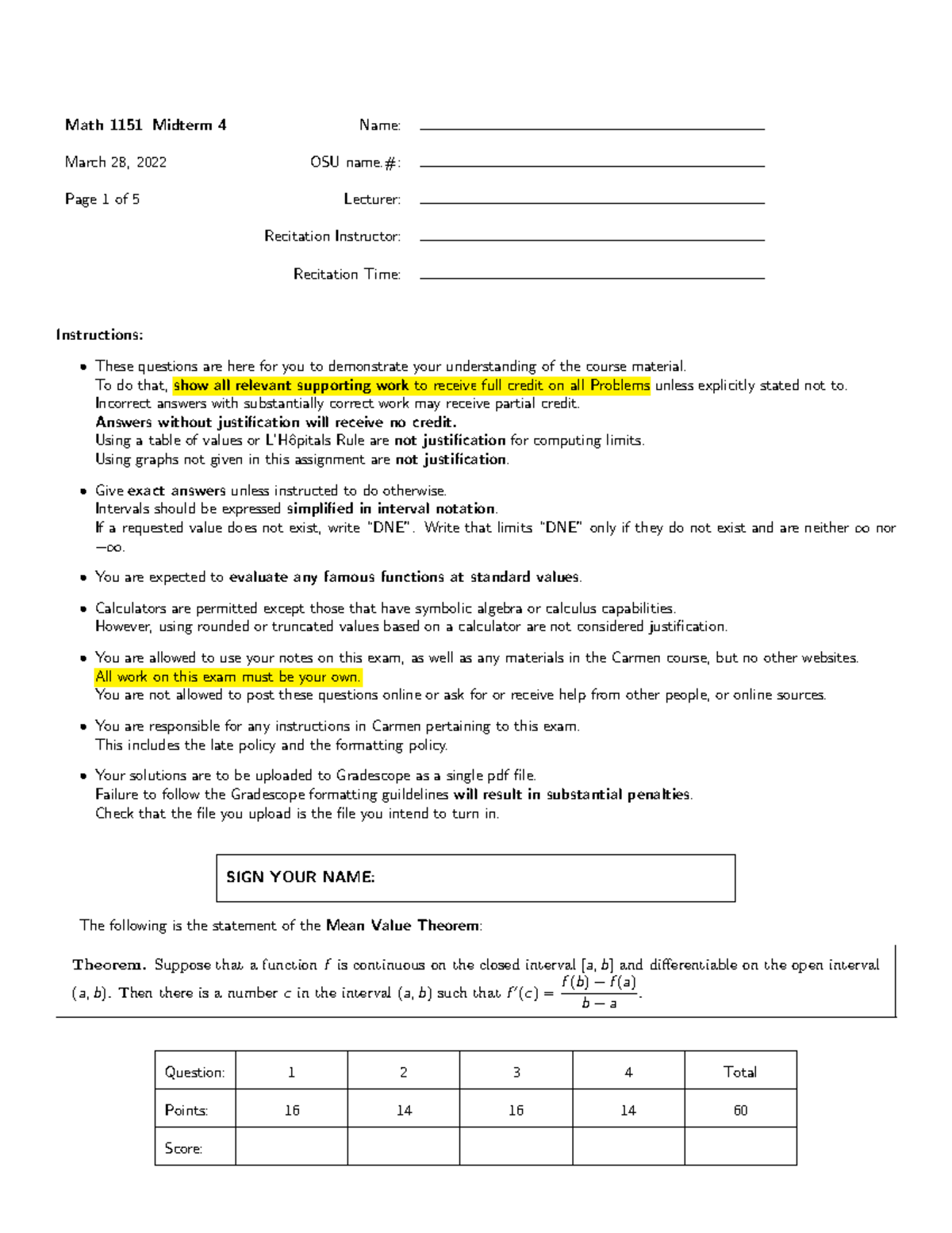 1151M4 Sp22 - Midterm 4 Practice Spring '22 - Math 1151 Midterm 4 Name: March 28, 2022 OSU name ...
