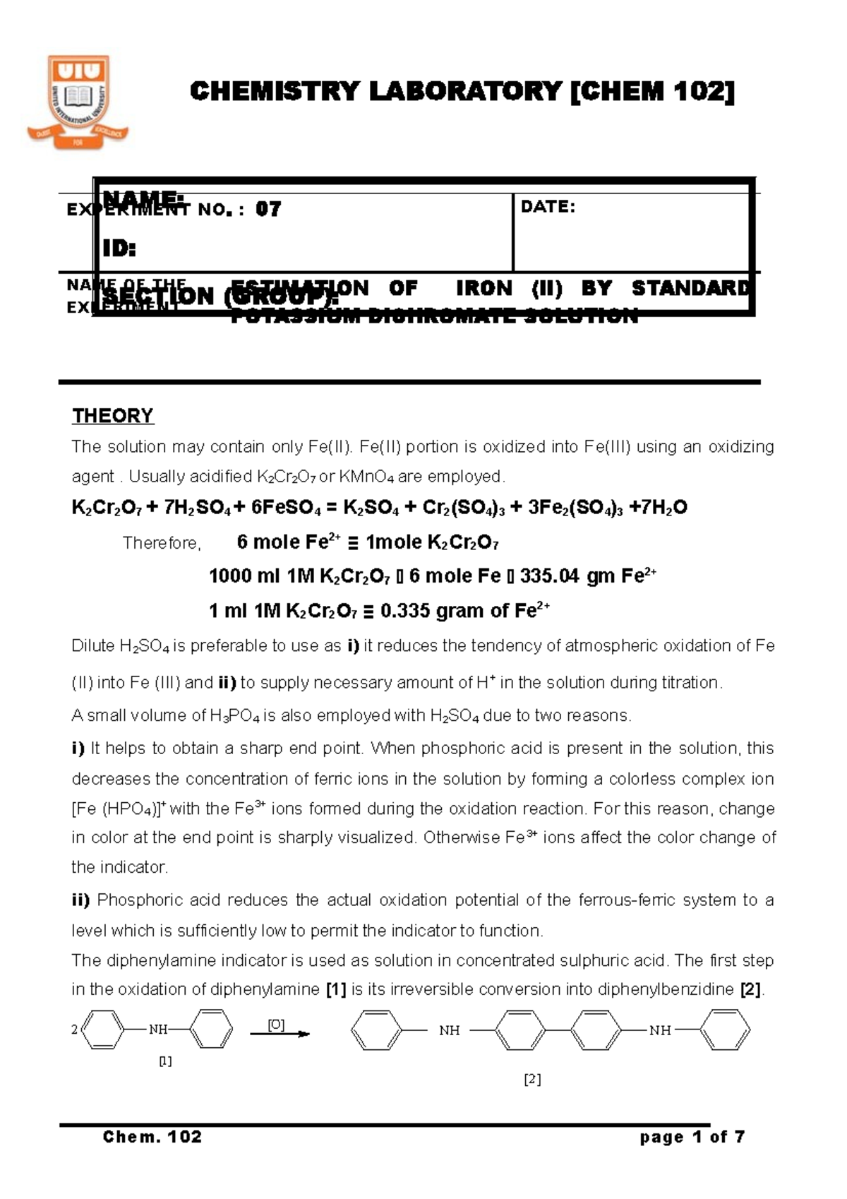 Exp-7 - Practical - CHEMISTRY LABORATORY [CHEM 102] EXPERIMENT NO. : 07 ...