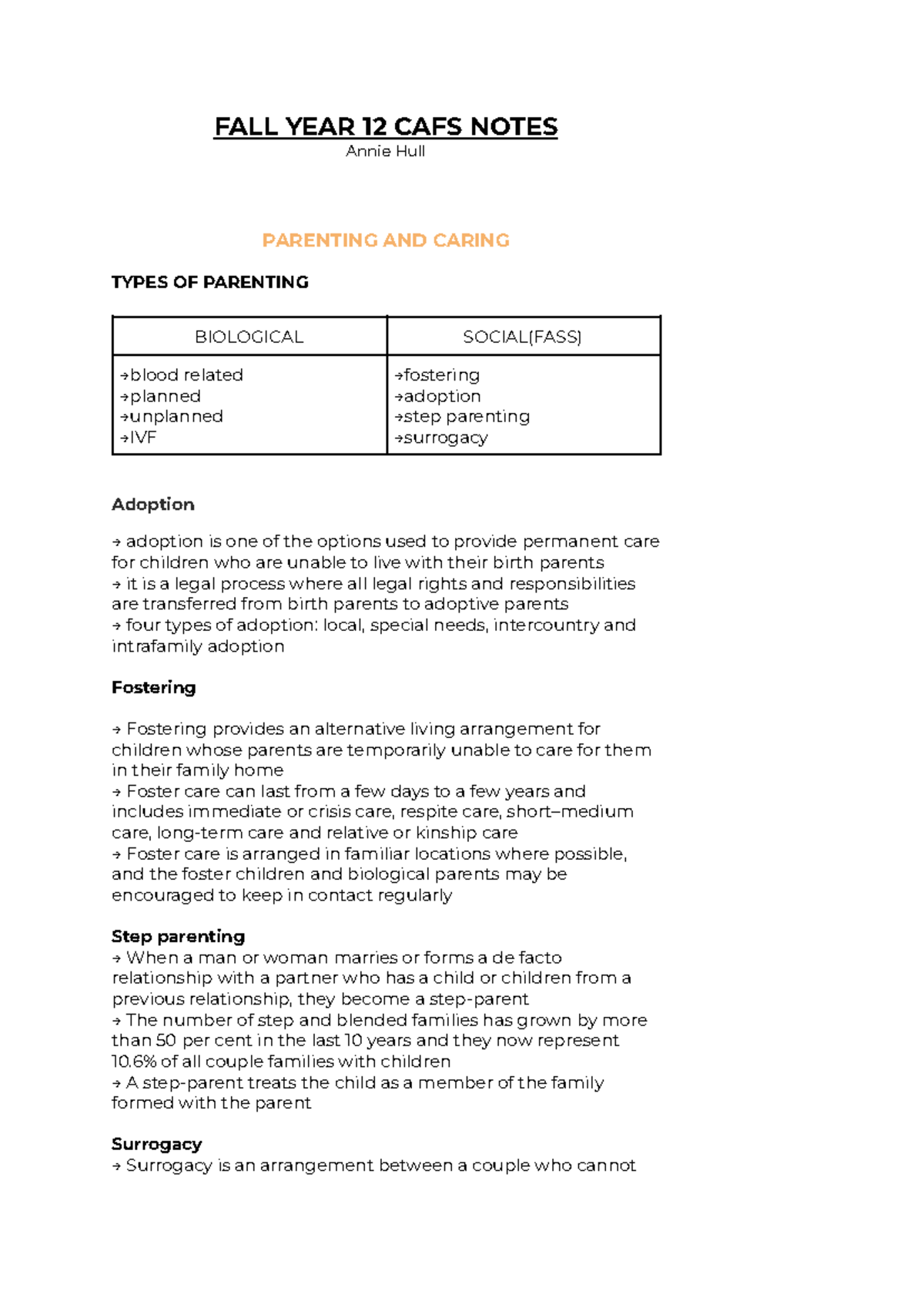 CAFS study notes - parenting and caring, groups in context, research ...