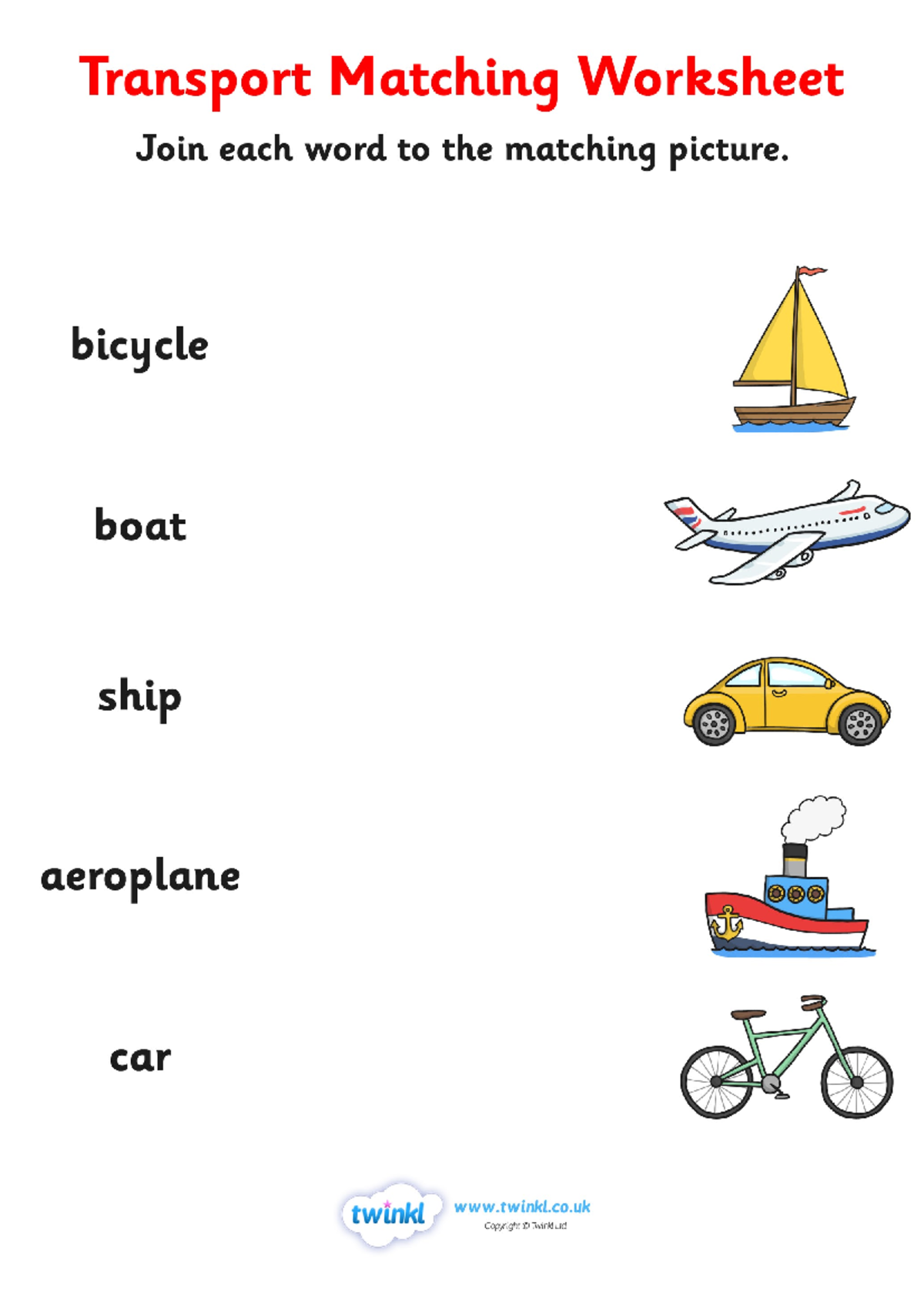 T T 9036 Transport Word and Picture Matching Worksheet - Transport ...