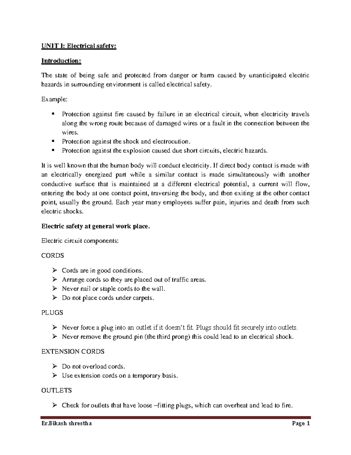 Electrical Installation Practice and Safety - UNIT I: Electrical safety ...
