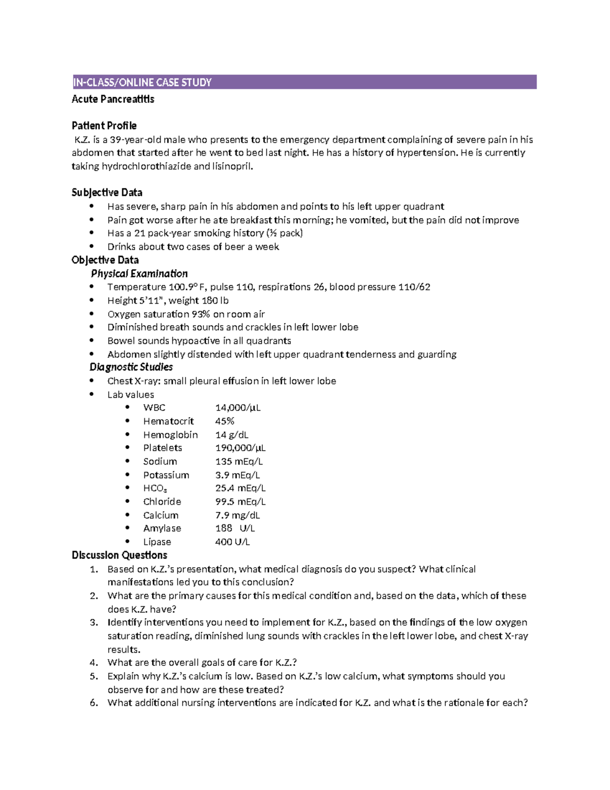 Pancreatitis case study 1 - IN-CLASS/ONLINE CASE STUDY Acute ...