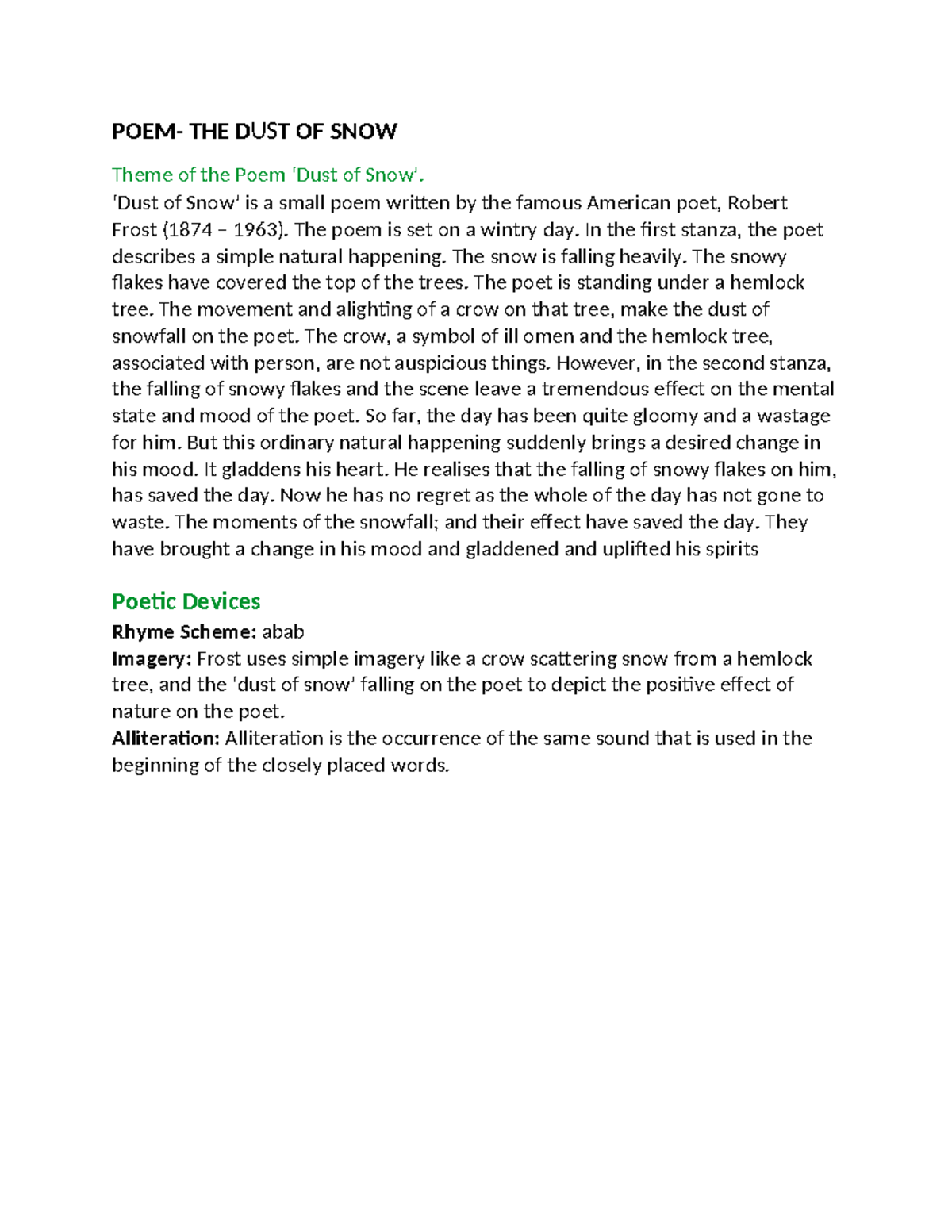 Poetic Devices - SHORT REVISION - POEM- THE DUST OF SNOW Theme of the ...