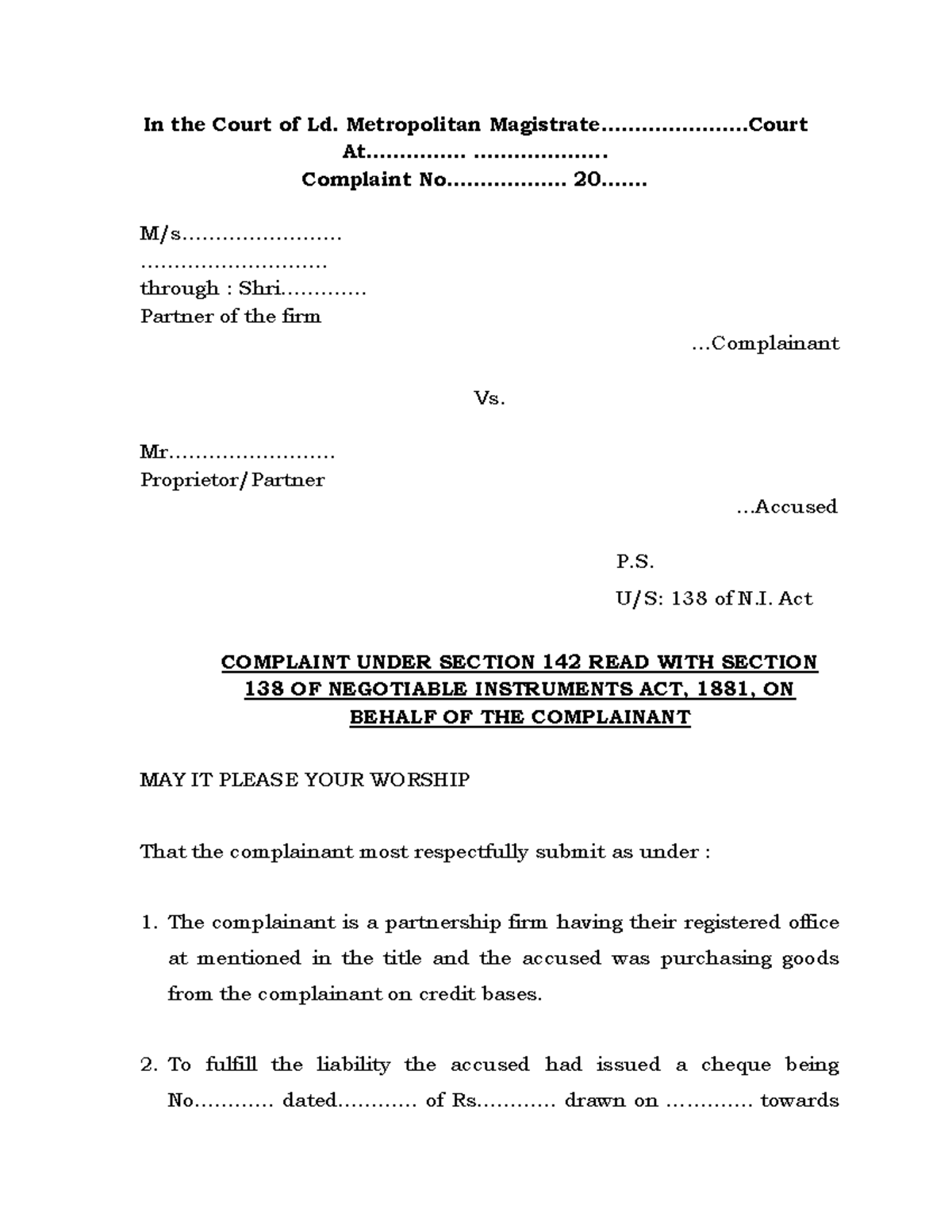 Cheque Bounce complaint draft 1 - In the Court of Ld. Metropolitan ...