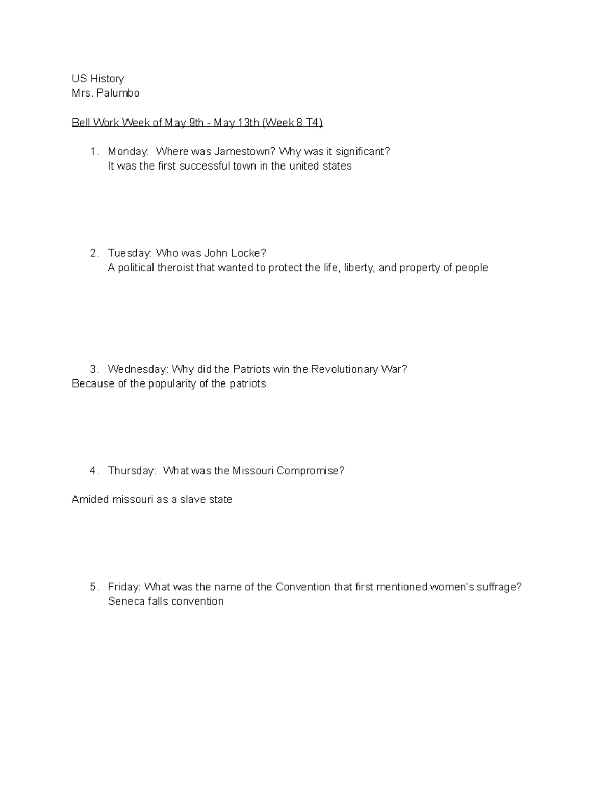Copy of Lesson CFE Review Bell Work 5 9 - 5 13 202 - US History Mrs ...
