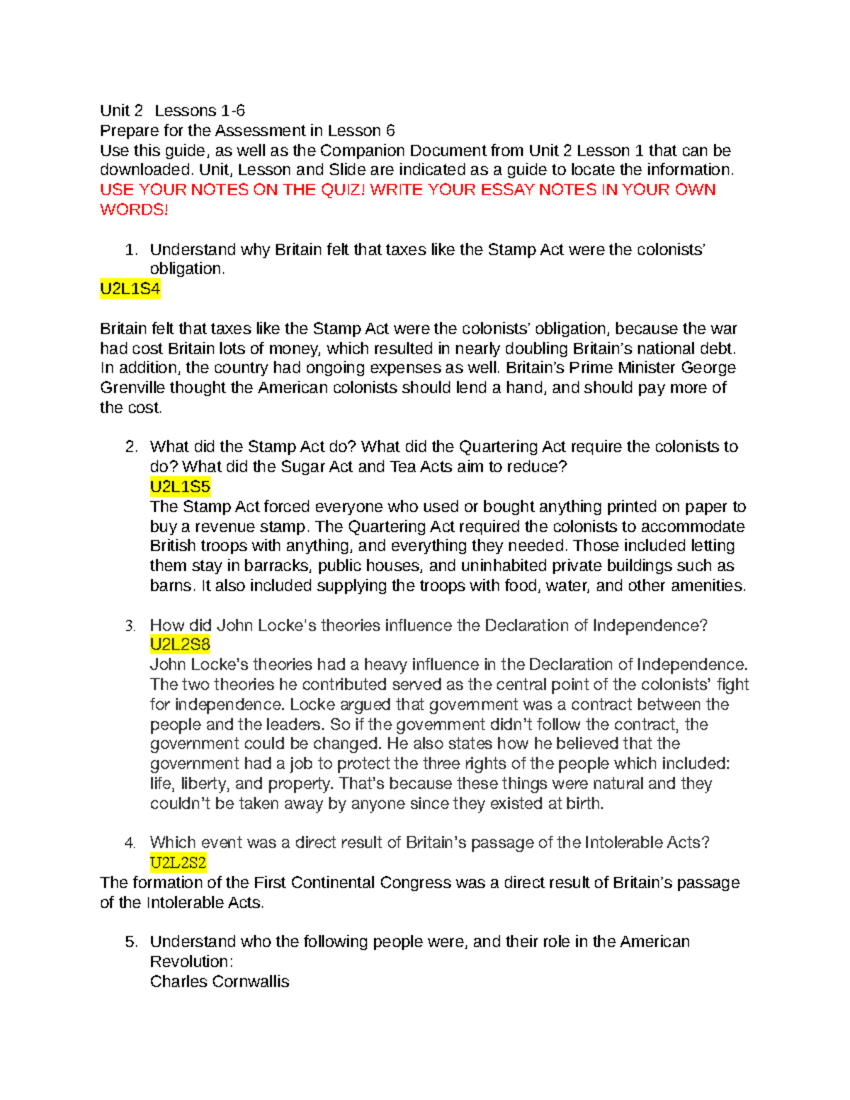 United States History 11 - Unit 2 Quiz Study Guide - Unit 2 Lessons 1 ...
