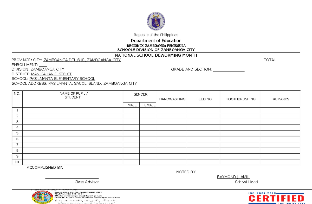 Deworming list - Template which can be used. - Republic of the ...