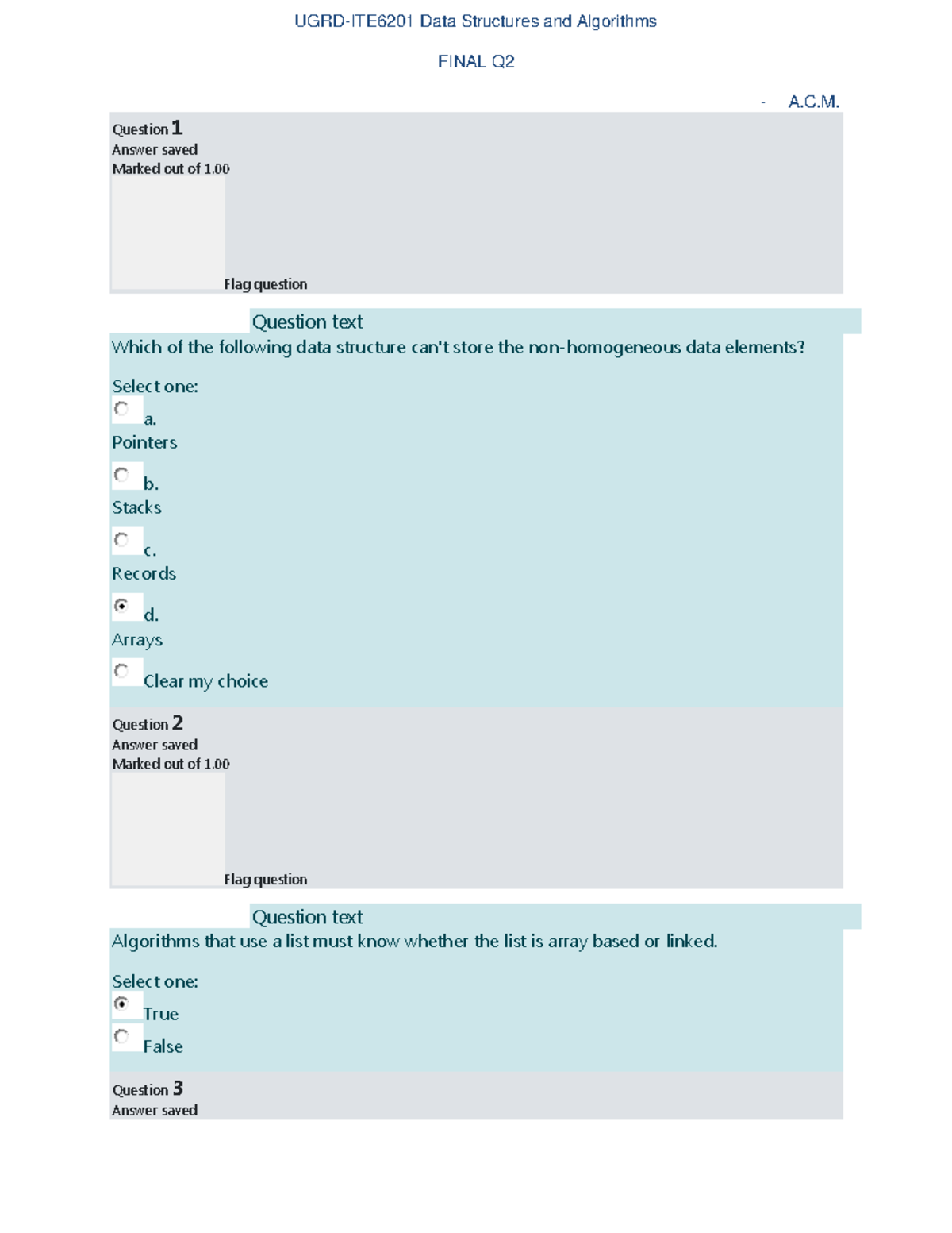 Final Q2 9 Data Structures And Algorithms Final Q Ac Question 1 Answer Saved Marked Out Of 