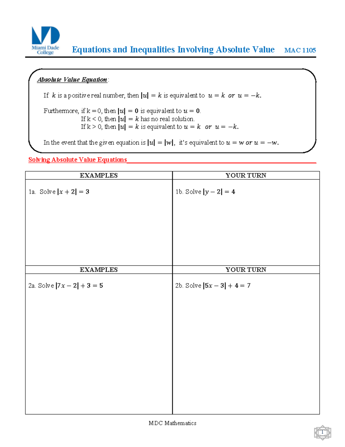 MAC 1105 Absolute Value Inequalities Sec. 1.6 - Equations and ...