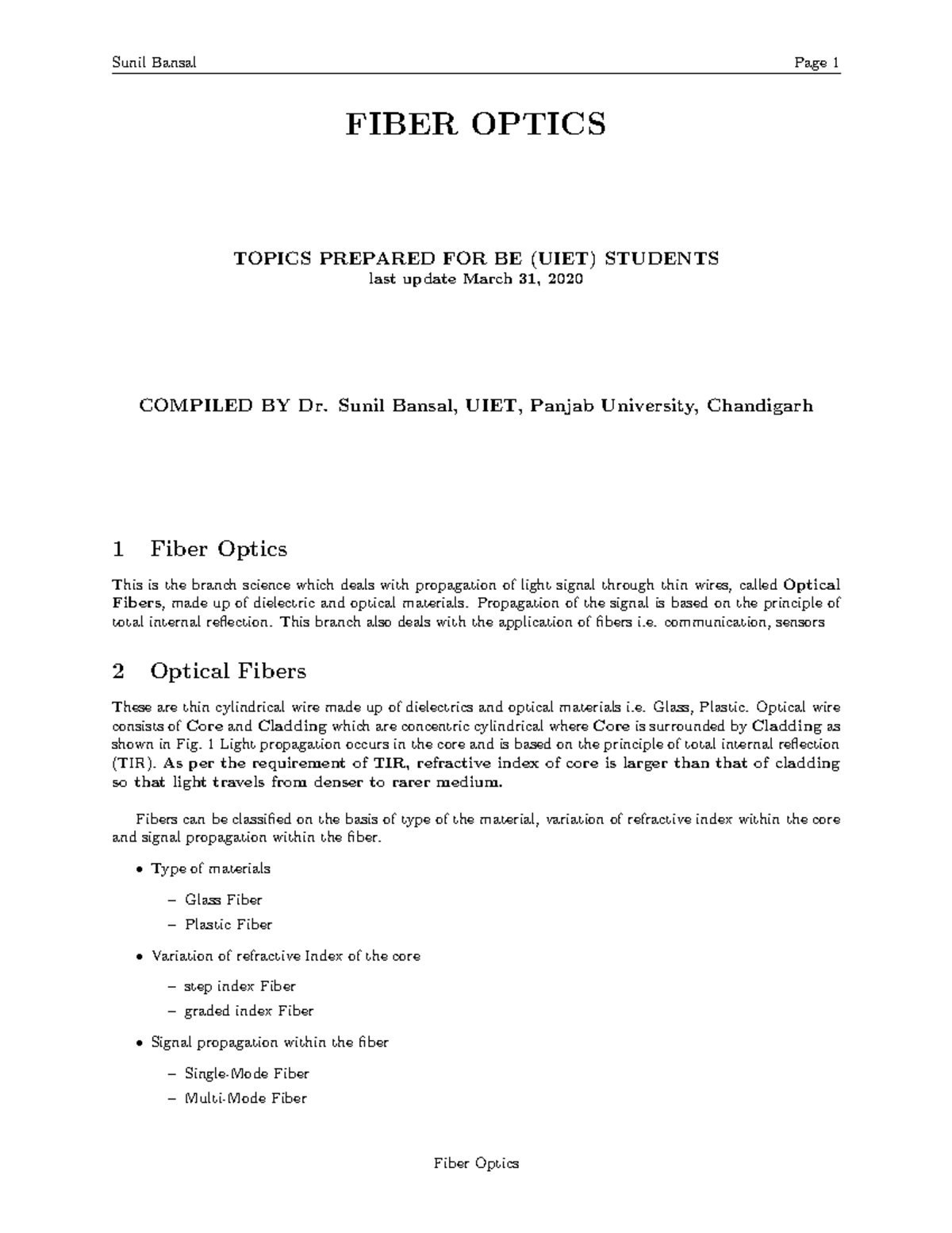 Fiber Optics - FIBER OPTICS TOPICS PREPARED FOR BE (UIET) STUDENTS last ...