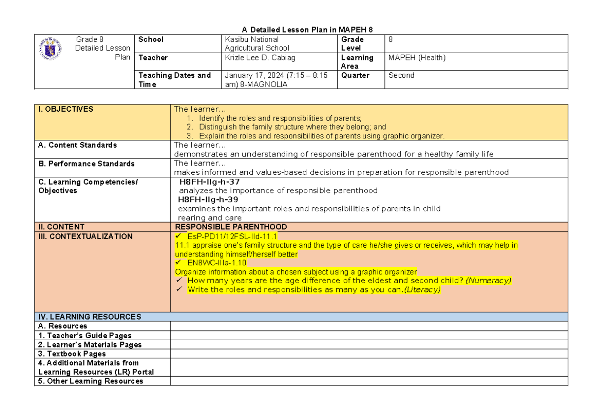 2nd CO - A Detailed Lesson Plan in MAPEH 8 Grade 8 Detailed Lesson Plan ...