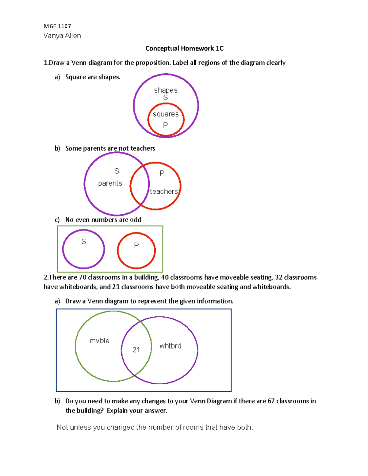 Conceptual HW 1C - MGF 1107 Conceptual Homework 1C 1 a Venn diagram for ...