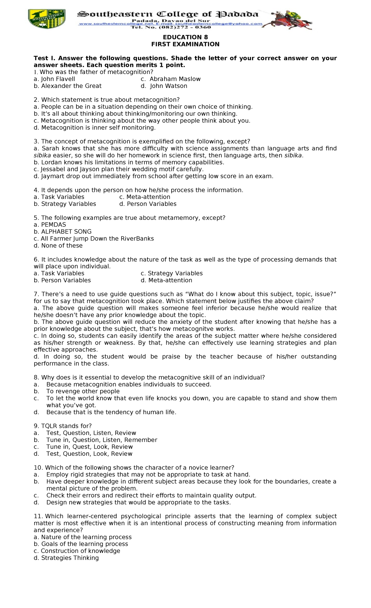 Education 8 1st exam - Sample for 1st Exam - EDUCATION 8 FIRST ...