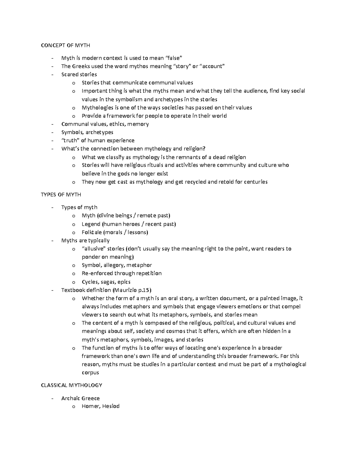 Lecture 1 Methodology - CONCEPT OF MYTH Myth is modern context is used ...