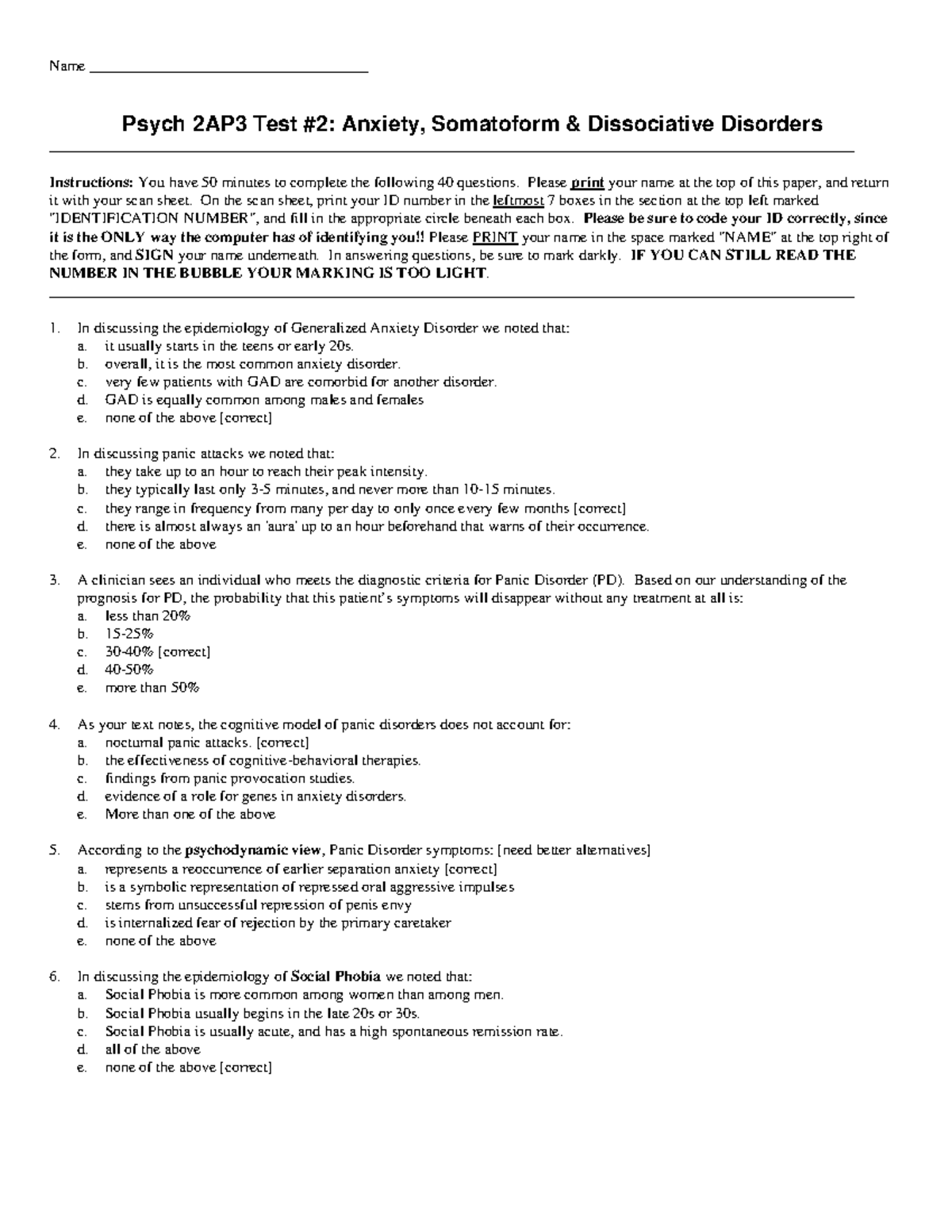 Exam 2012, questions and answers - Abnormal Psychology: Fundamentals ...