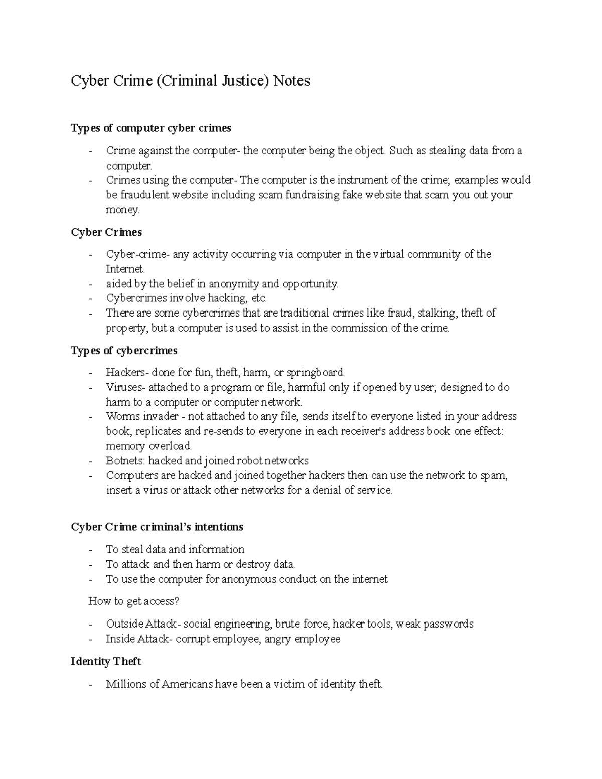 CRJ Notes 1 - Cyber Crime (Criminal Justice) Notes Types of computer ...