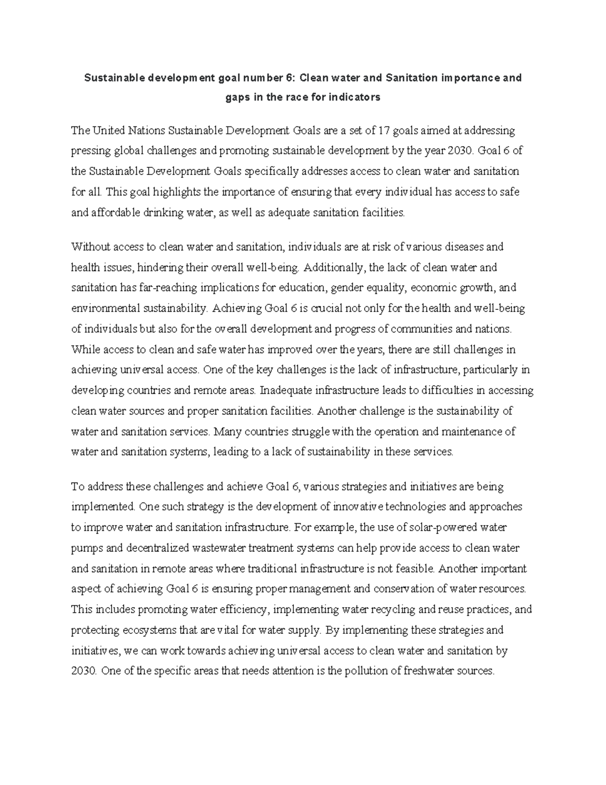 SGD goals - assignment about SDG goal No 6 water supply and sanitation ...