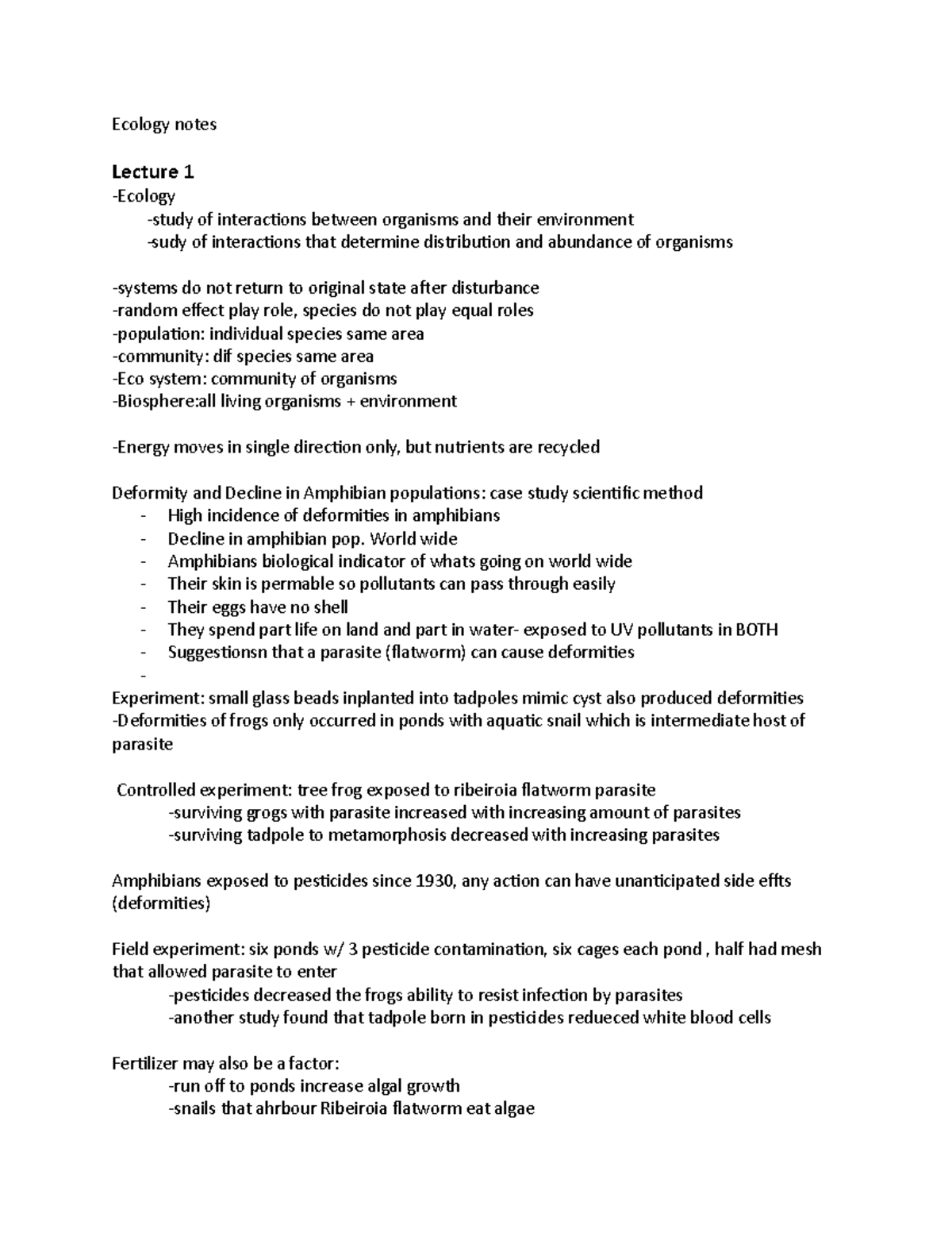 Ecology lecture notes 1-12 - Ecology notes Lecture 1 Ecology study of ...