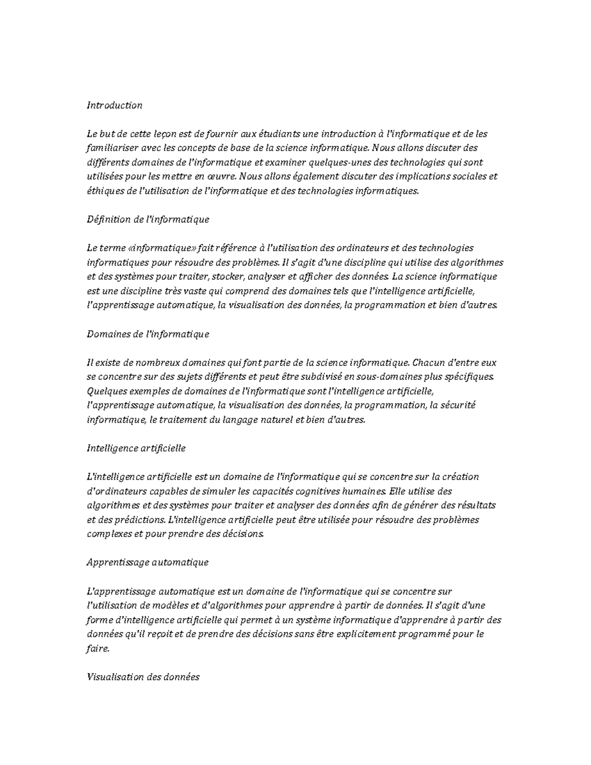 Computer Science Study Notes - Introduction Le but de cette leçon est ...
