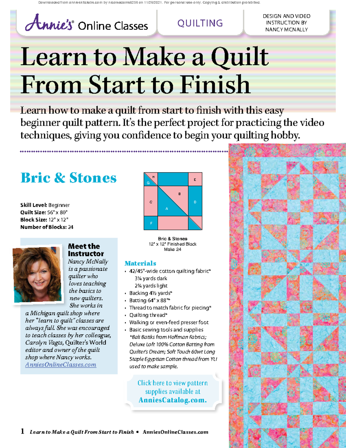 Pattern - lecture notes - Learn to Make a Quilt From Start to Finish ...