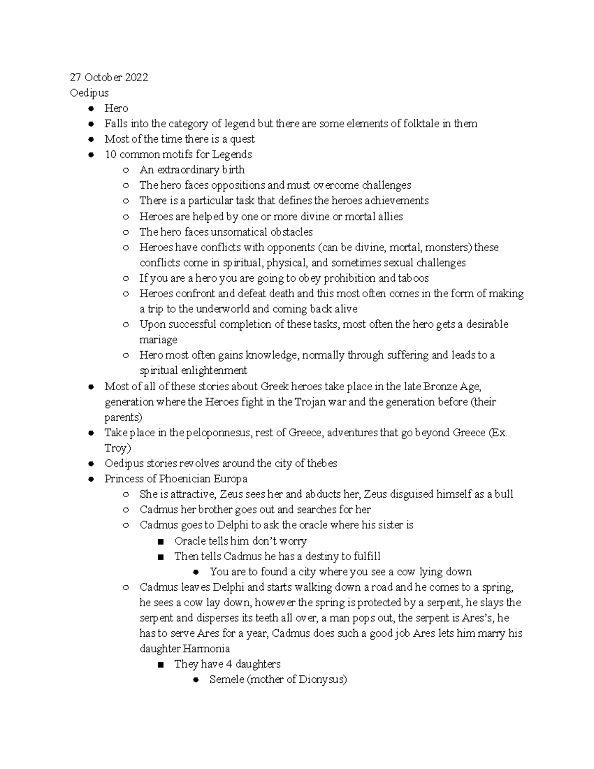 Greek Mythology Notes 18-3 - 27 October 2022 Oedipus Hero Falls into ...