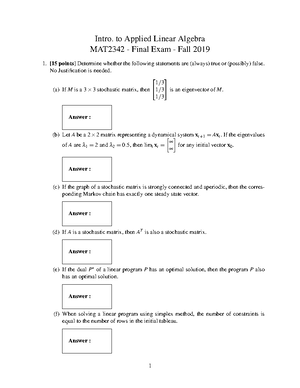 2019 Final Exam solution - Intro. to Applied Linear Algebra MAT2342 - Final Exam - Fall 2019 [15 ...
