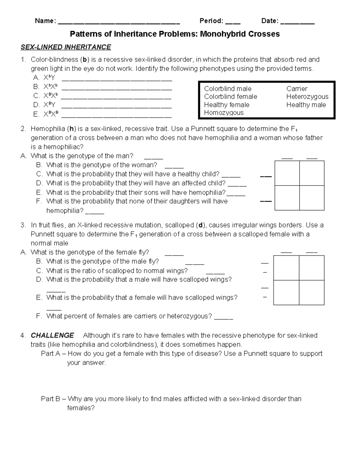 Patterns of Inheritance Problems - Name: ________________________________ Period: ____ Date ...
