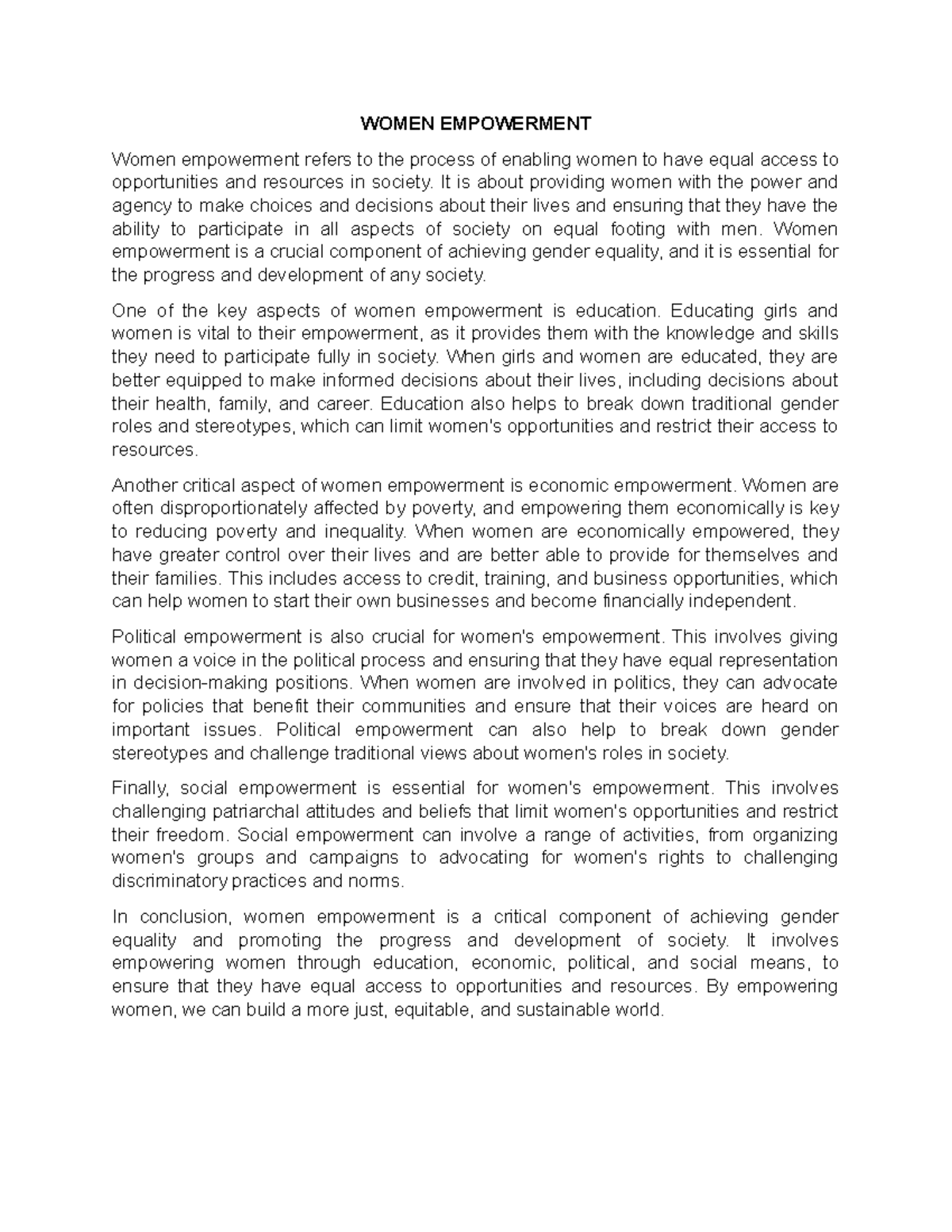 Women Empowerment Essay - WOMEN EMPOWERMENT Women empowerment refers to ...