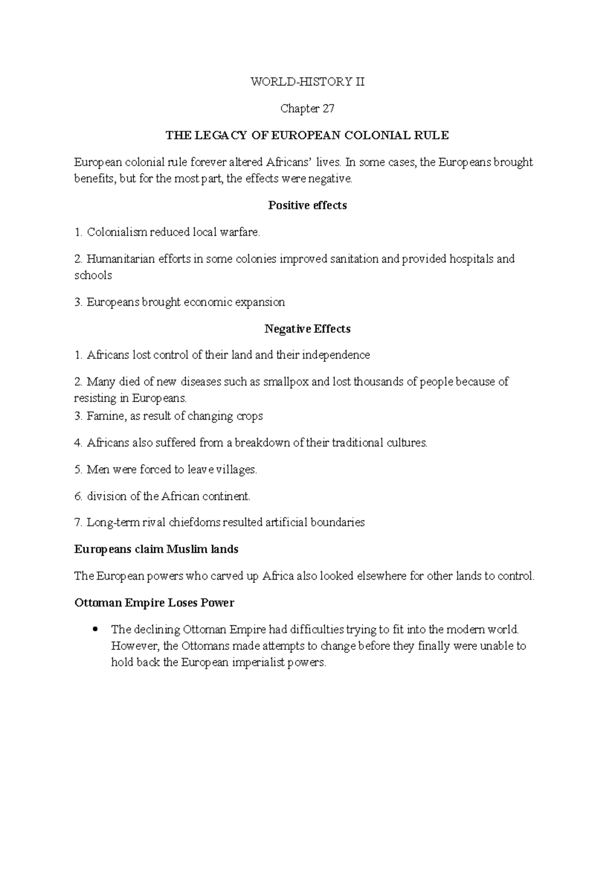 World-History - About history - WORLD-HISTORY II Chapter 27 THE LEGACY OF EUROPEAN COLONIAL RULE ...