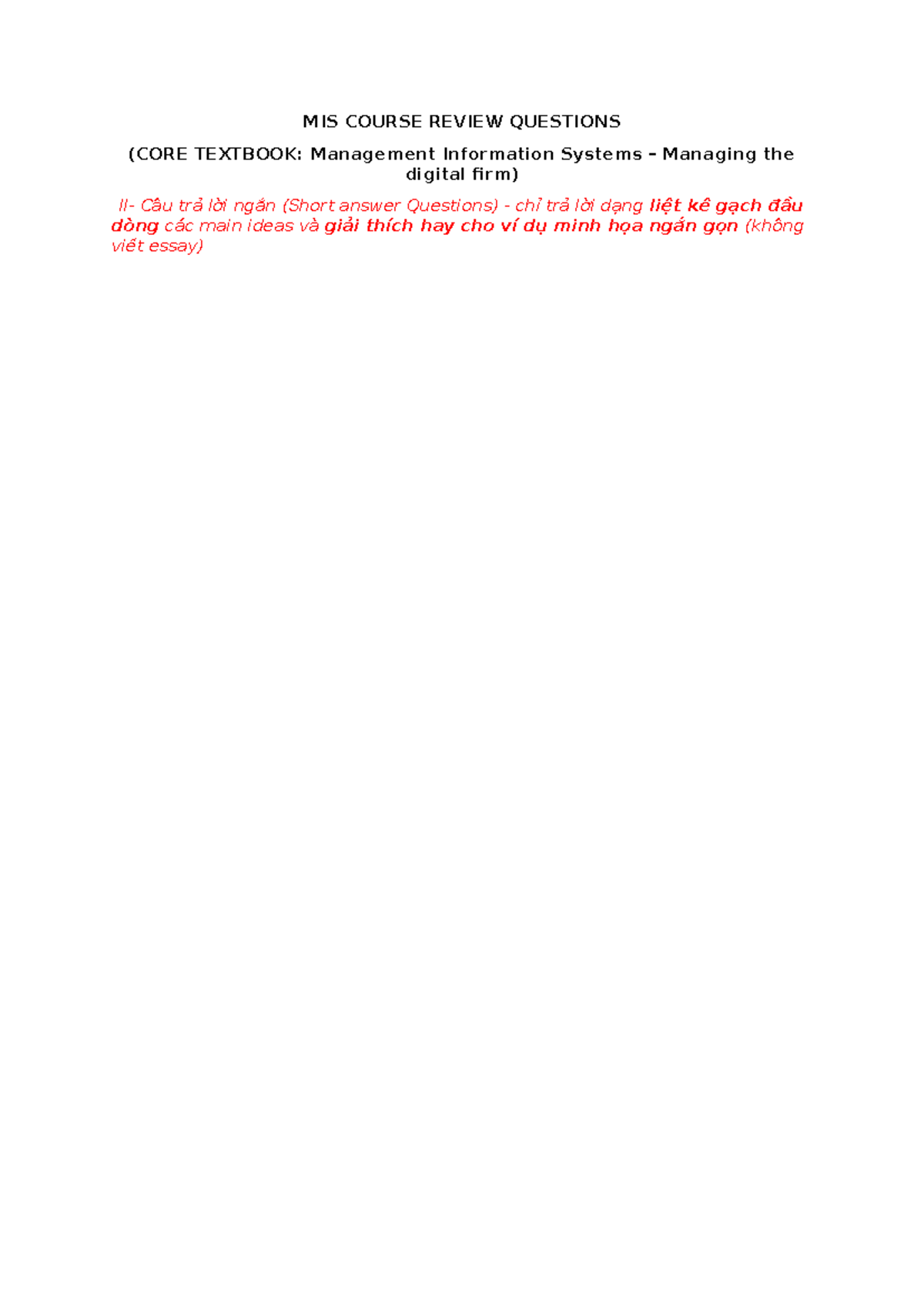 MIS Course Review Questions - MIS COURSE REVIEW QUESTIONS (CORE ...