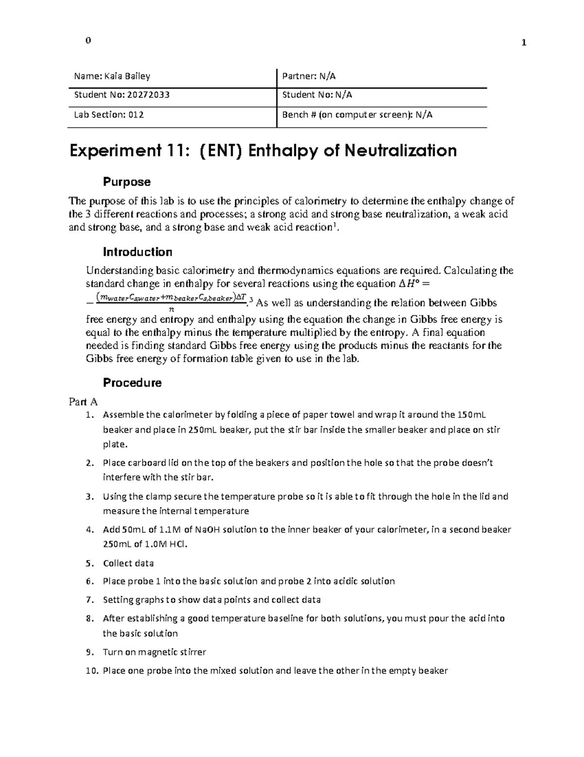 Enthalpy of Neutralization Lab - Name: Kaia Bailey Partner: N/A Student ...