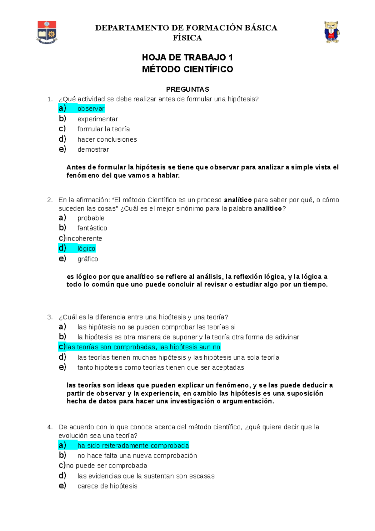 HOJA 1 - HOJA DE TRABAJO 1 MÉTODO CIENTÍFICO - HOJA DE TRABAJO 1 MÉTODO ...