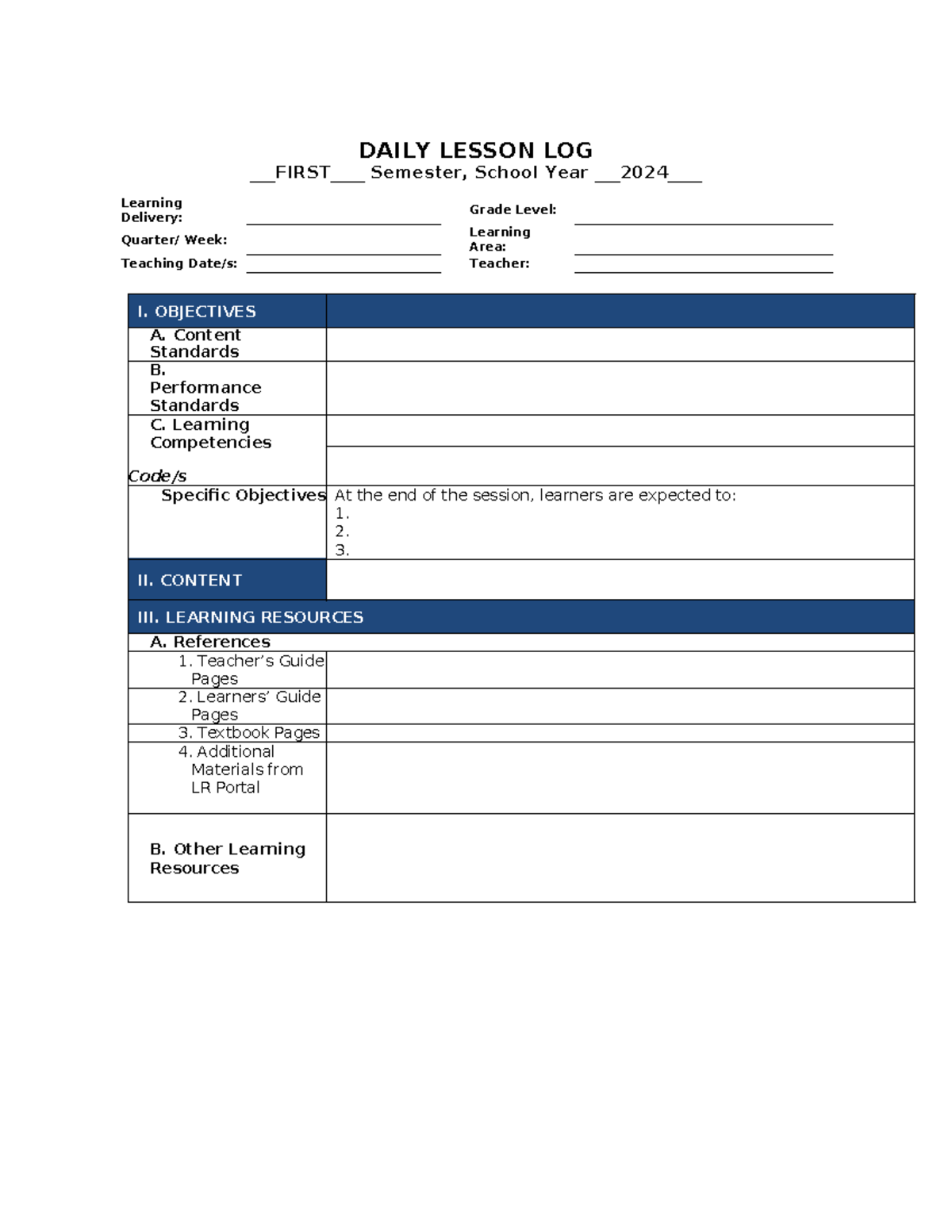 Lesson-Plan-Format - template for lesson plan - DAILY LESSON LOG FIRST ...
