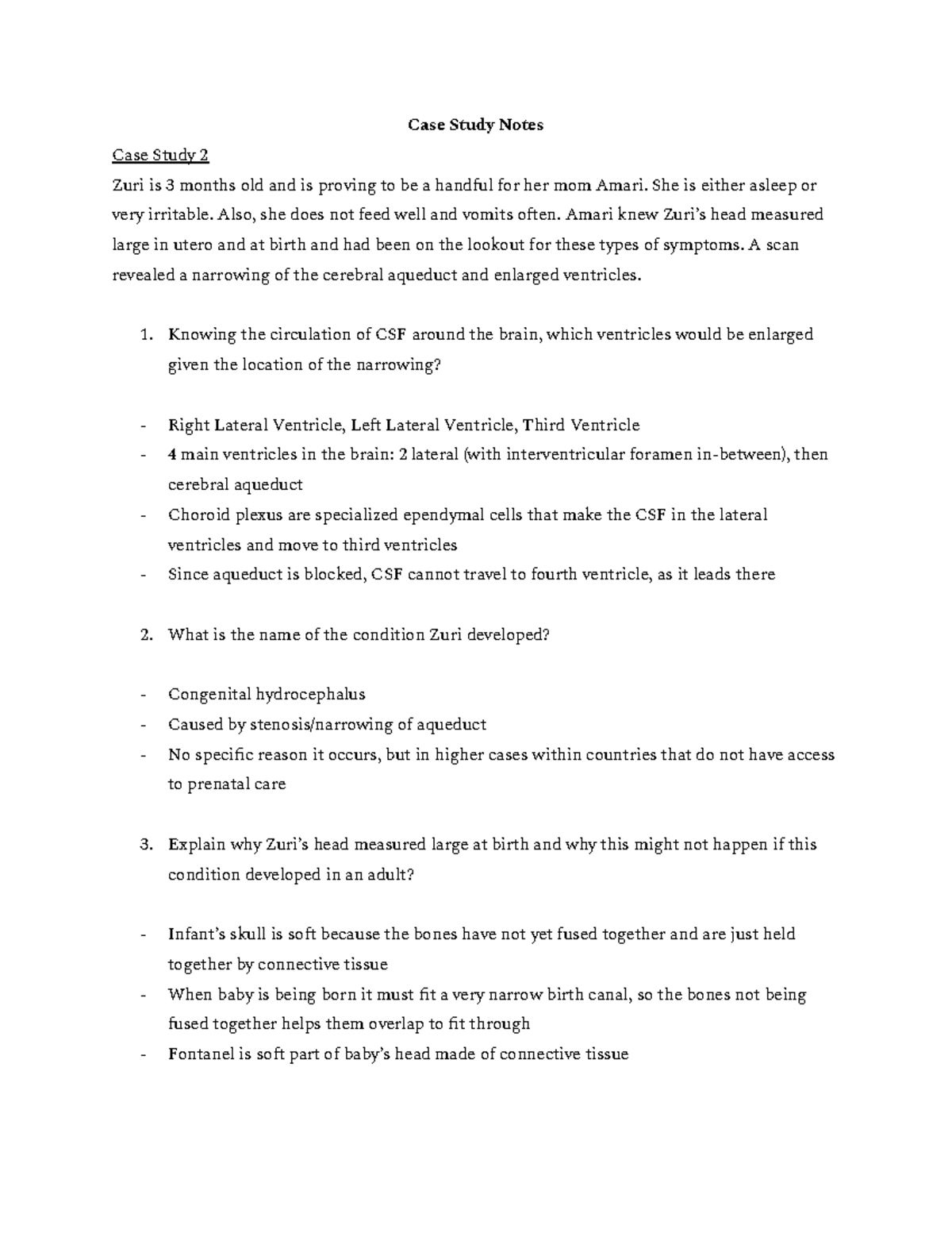 Case Study Notes -yes - Case Study Notes Case Study 2 Zuri is 3 months ...