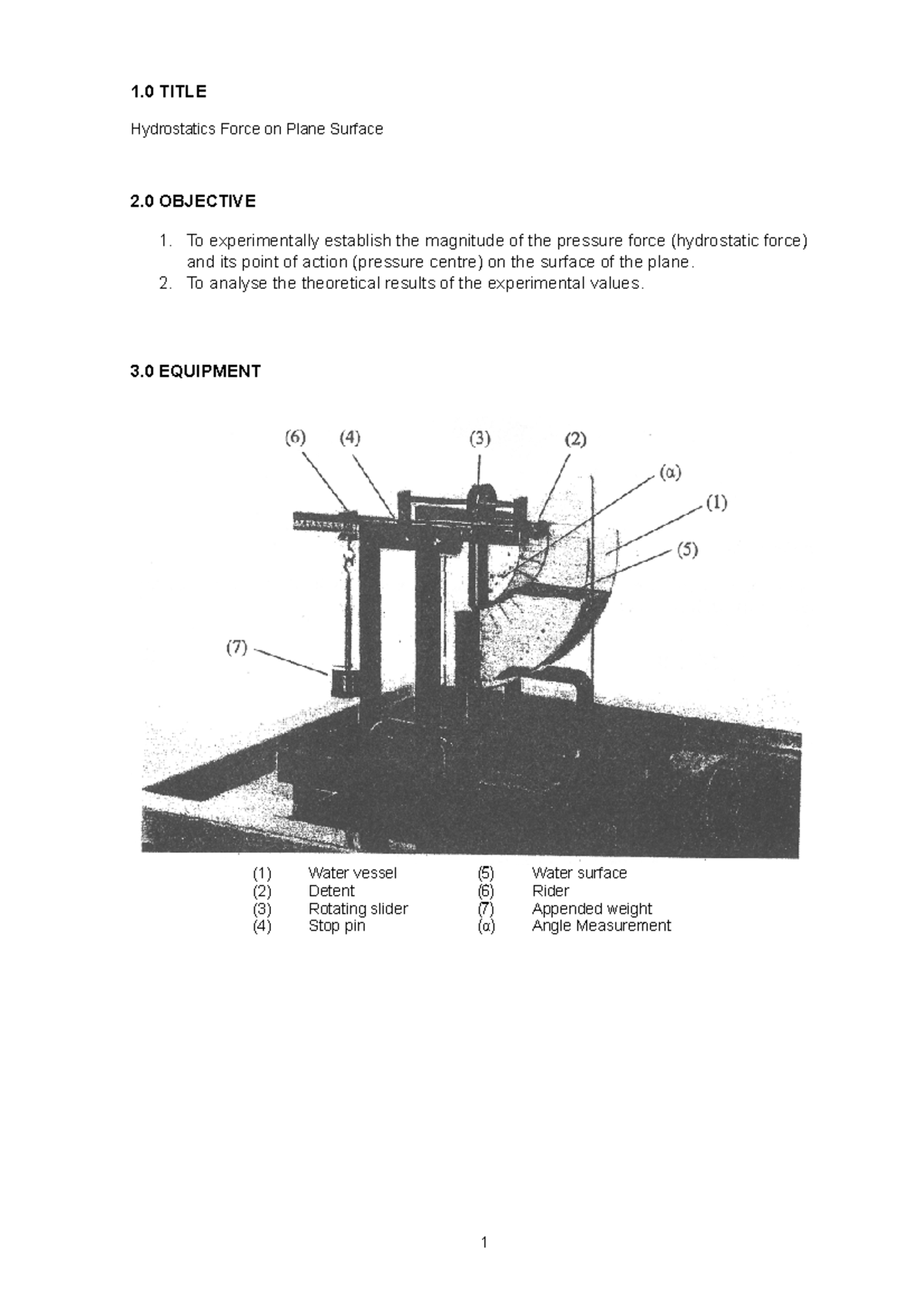 LAB Hydrostatic - lab report fluid - 1 TITLE Hydrostatics Force on ...