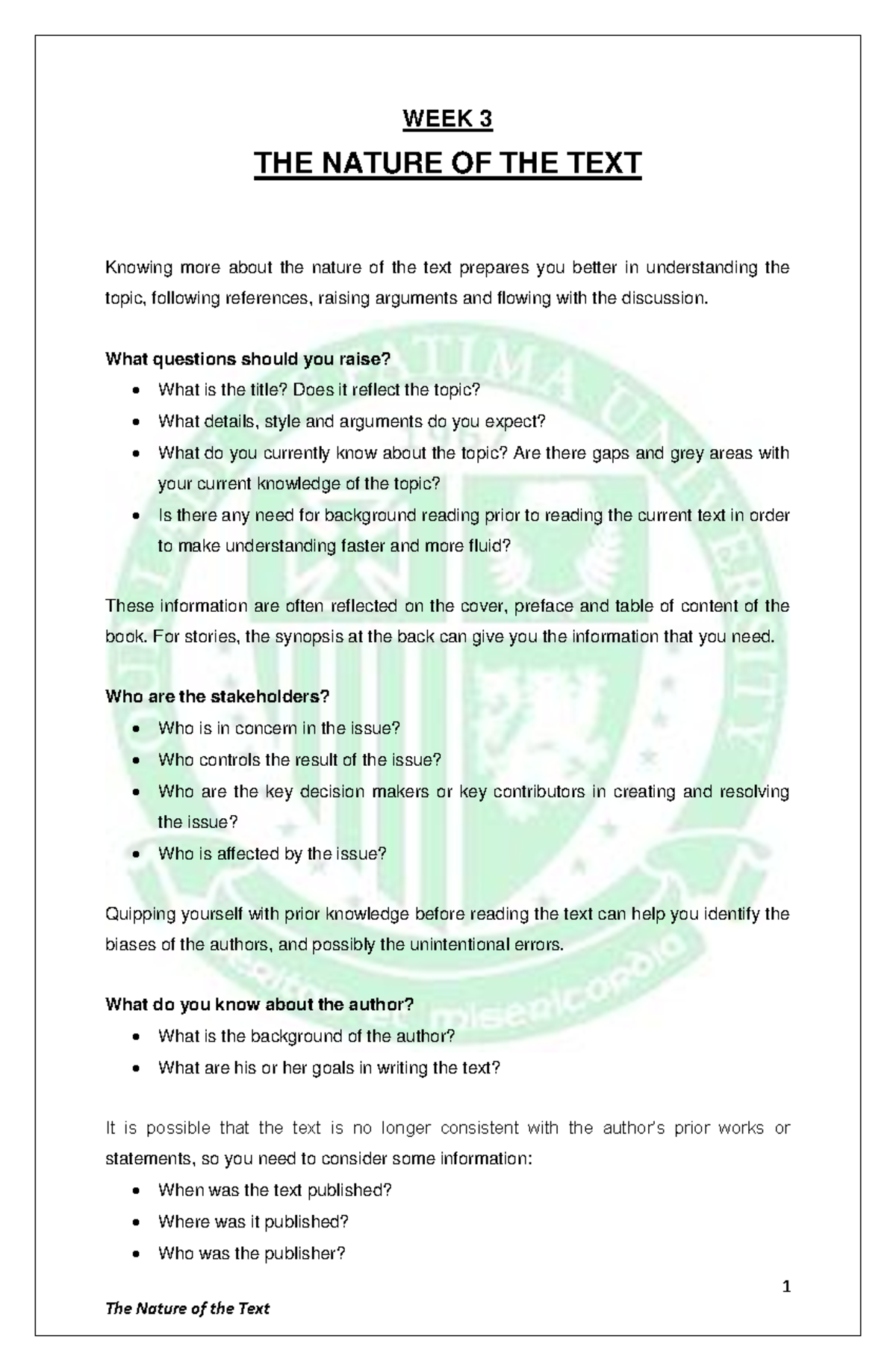Week 3 - THE Nature OF THE TEXT - 1 The Nature of the Text WEEK 3 THE ...