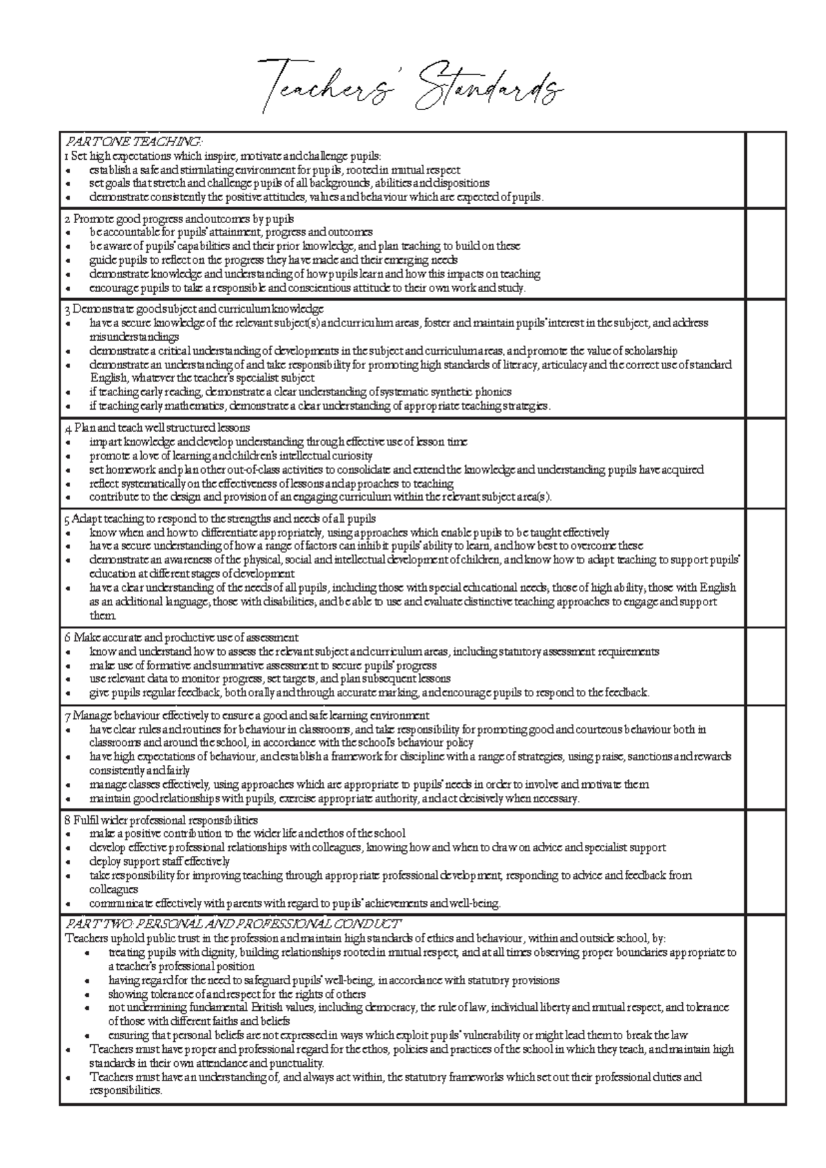 English Teacher Standards Printable 2 - Teachers’ Standards PART ONE ...