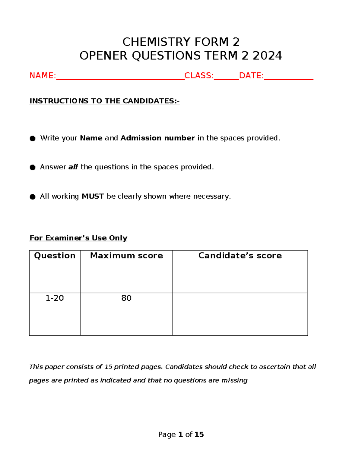 CHEM F2 Questions Term 2 Opener 2024 - CHEMISTRY FORM 2 OPENER QUESTIONS TERM 2 2024 - Studocu